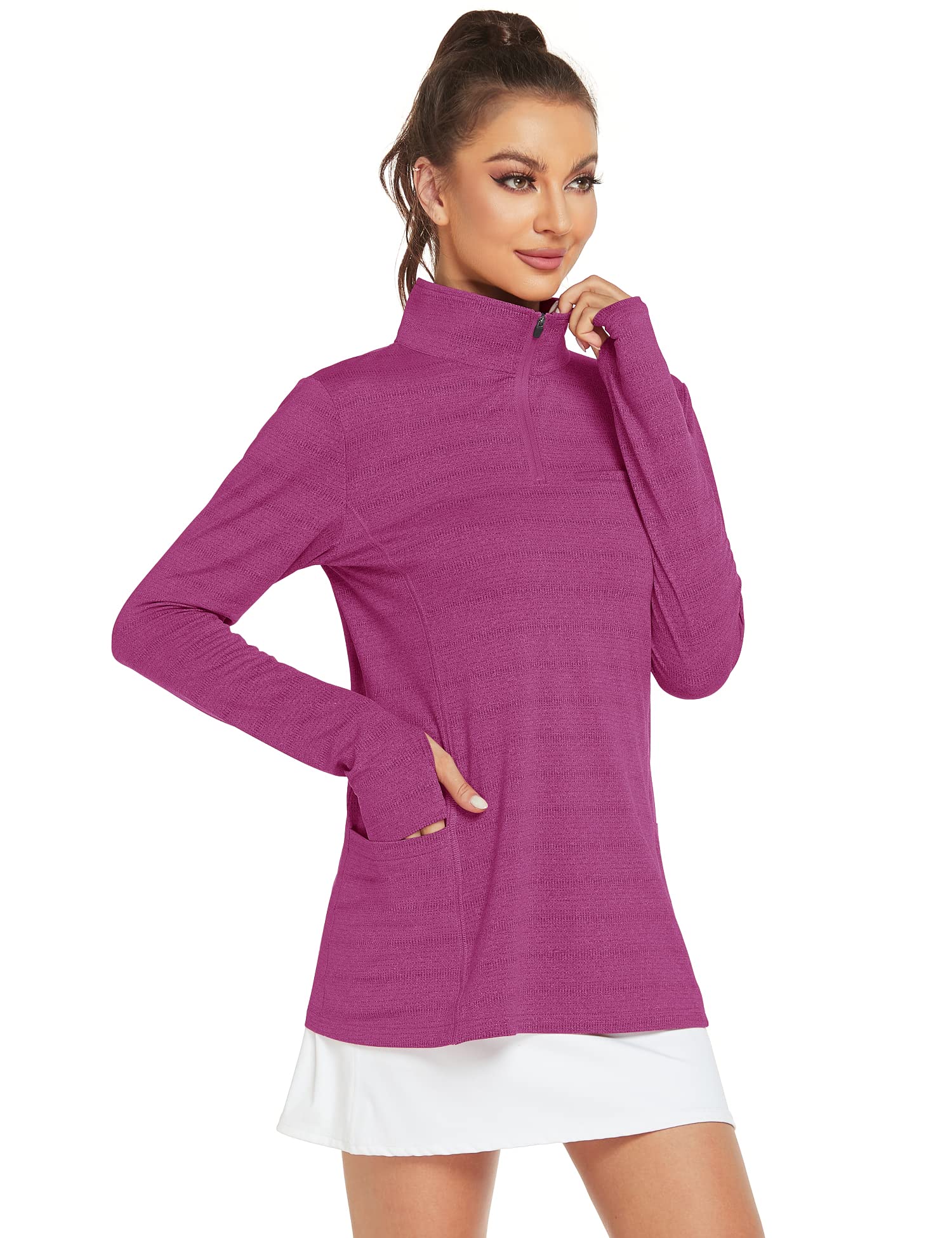 Loovoo Womens Long Sleeve 1/4 Zip Pullover Athletic Hiking Running Workout Tops Quick Dry Sun Protection Golf Polo Shirts Purple Red