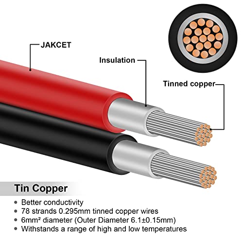 RAKDSYMC 6Ft 10AWG(6mm²) Solar Panel Extension Cable, Solar Panel Wire with Female and Male Connector with Extra Free Pair of Spanner Wrench (6Ft Red+6Ft Black)