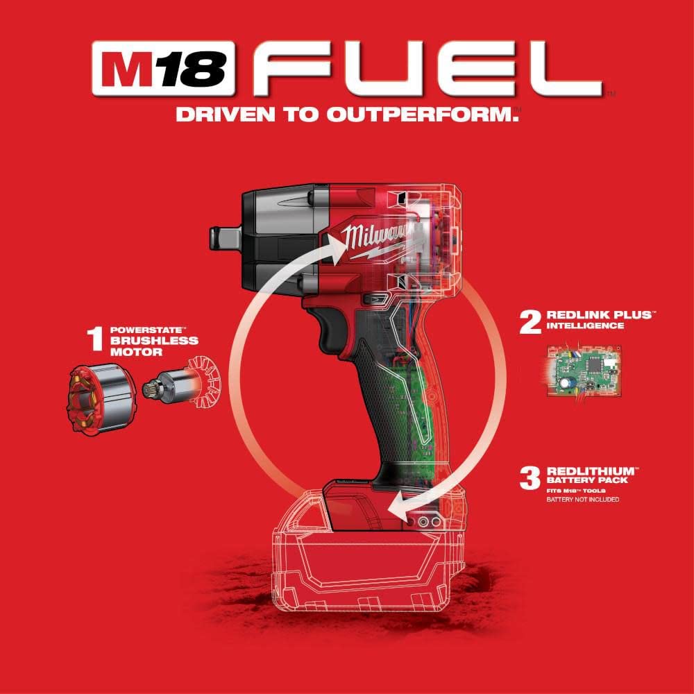 Milwaukee M18 FUEL Lithium-Ion Brushless Mid-Torque 1/2 in. Cordless Impact Wrench with Friction Ring (Tool Only) + Accessory