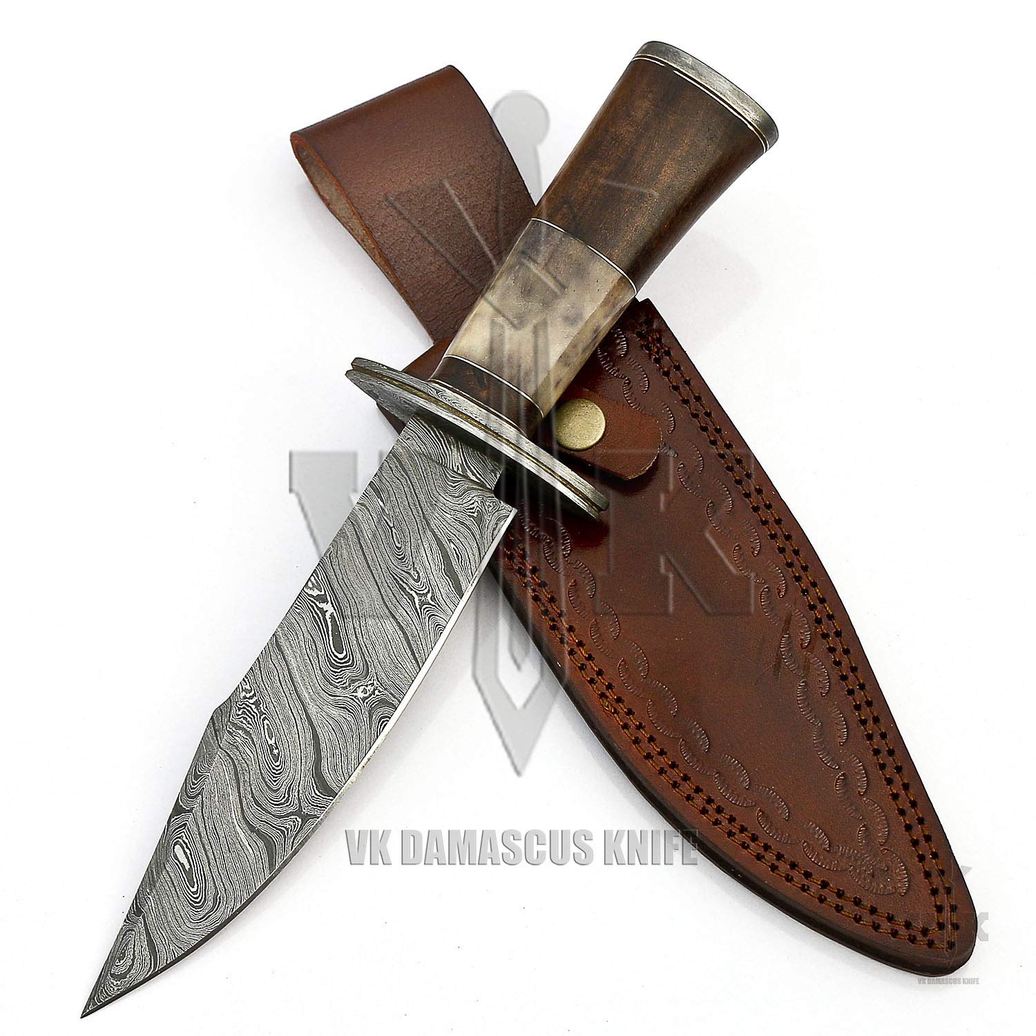 JNR Traders Damascus Steel Fixed Blade Hunting Knife with Leather Sheath - 2297