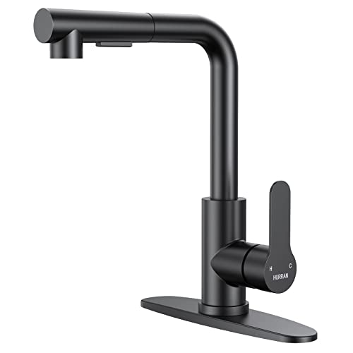 Kitchen Faucets, Matte Black Faucet with Pull Down Sprayer and Deck Plate, Stainless Steel Commercial Utility Faucets for Sink 3 Hole Bar Rv Camper Laundry Outdoor Farmhouse