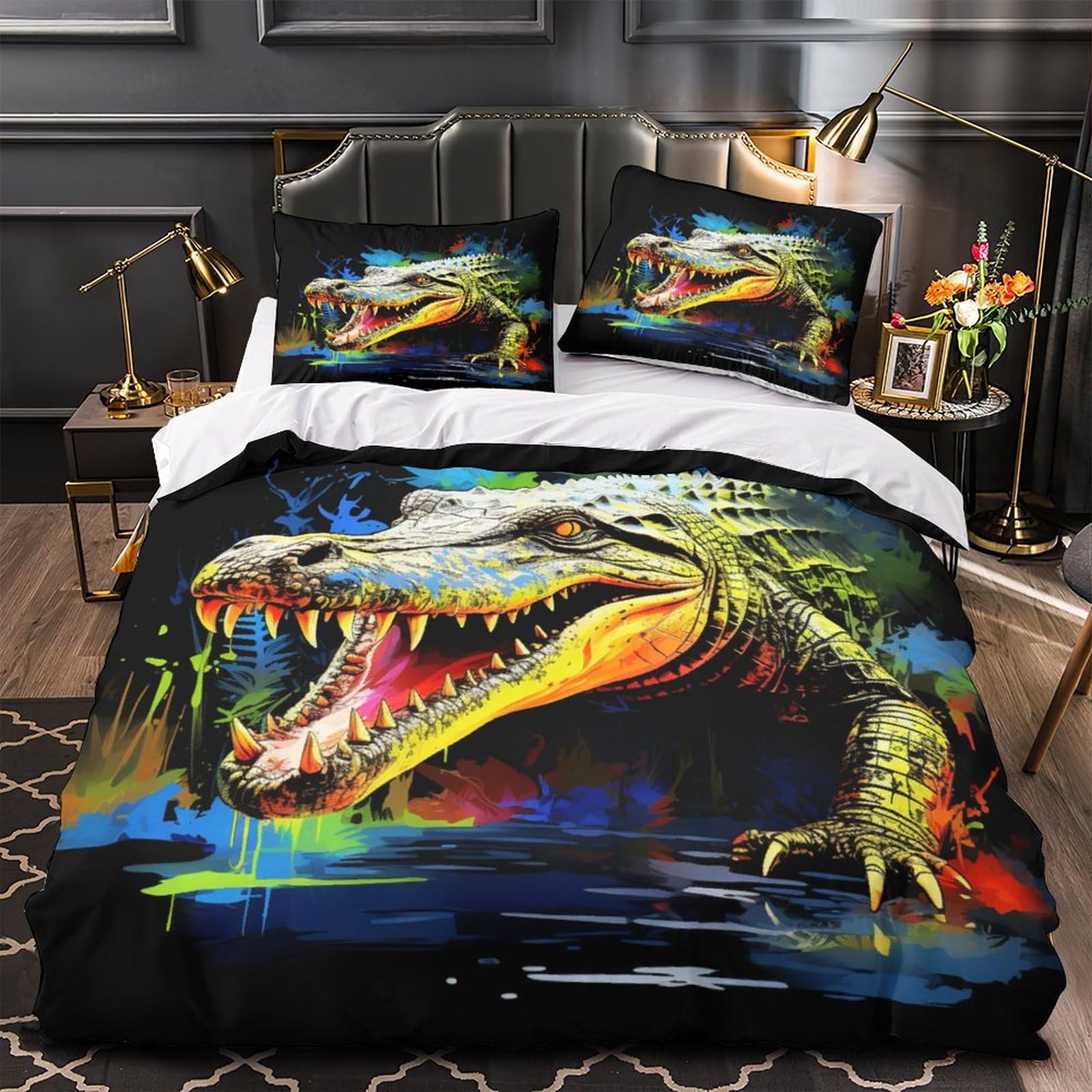 YYANQIN Crocodile Comforter Cover, 3D Printing 3 Piece Sets Blanket Soft Microfibre Quilt Cover with Zipper Closure and Pillowcases for Home Decor Bed Twin(173x218cm)