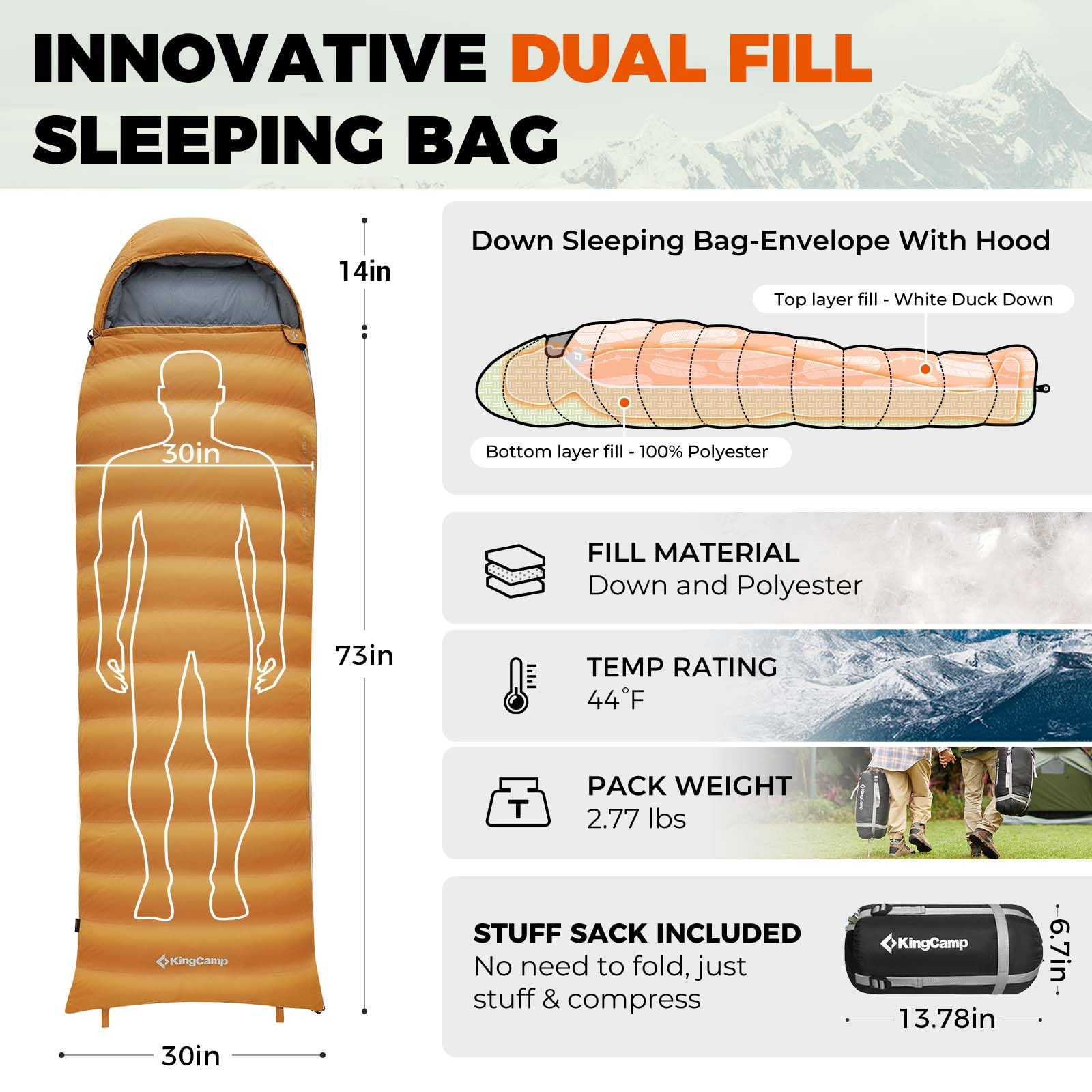 KingCamp Mummy Down Sleeping Bags for Adults Cold Weather Sleeping Bag, Ultralight Backpacking Sleeping Bag for Hiking or Camping with Durable Compression Bag