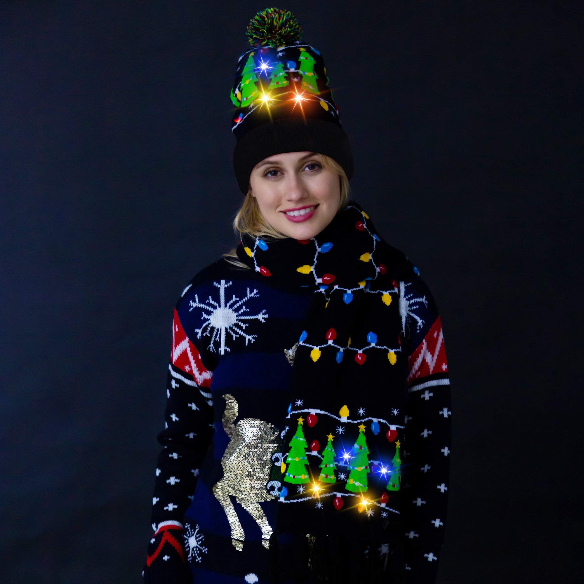 JOYIN 2 PCS Christmas Tree LED Lights Lit-up Beanie Cap and Scarf (6 Flashing Modes) Party Accessories Supplies