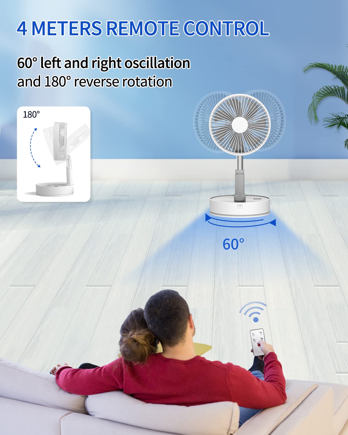 Oscillating Fan with Remote Control, 7200mAh Rechargeable Battery Operated Travel Fan for Camping, 4 Speed, Timer, Height Adjustment Portable Foldable Fan for Travel , Outdoor, Home (White)