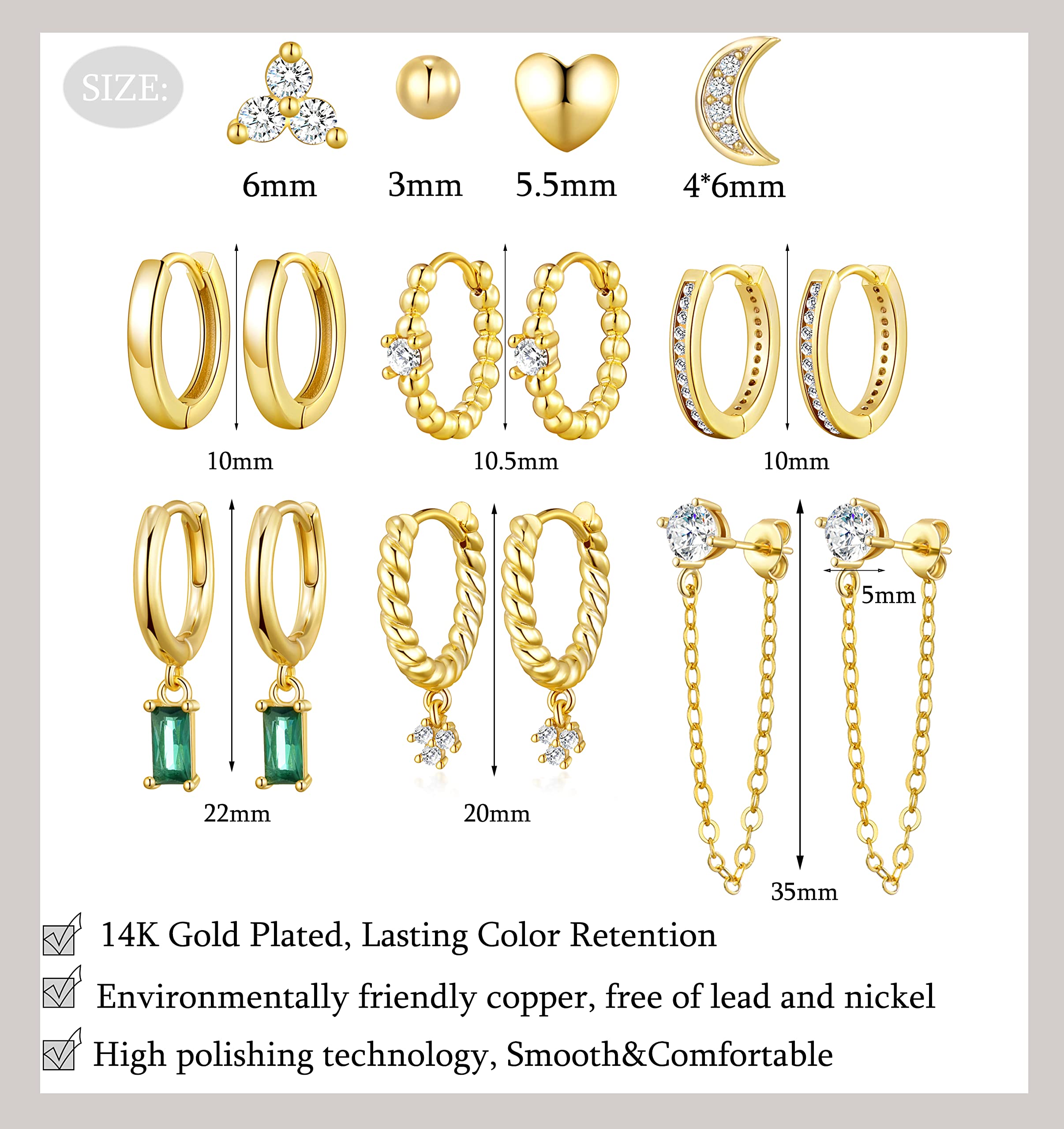 PLOMFOV 14K Gold Silver Hoop Studs Earrings Set for Women Dainty Dangle Hoop Gold Earrings Set for Multiple Piercing Gold Tone