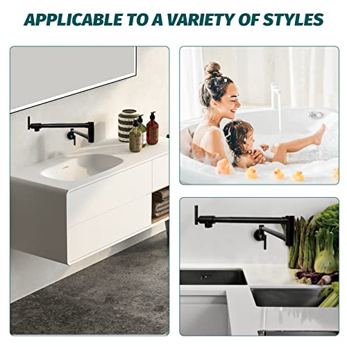Pot Filler Faucet, Solid Brass Commercial Pot Filler Wall Mount Kitchen Stove Faucet Folding Restaurant Sink Faucet with Joint Swing Arm & Handles (Black)