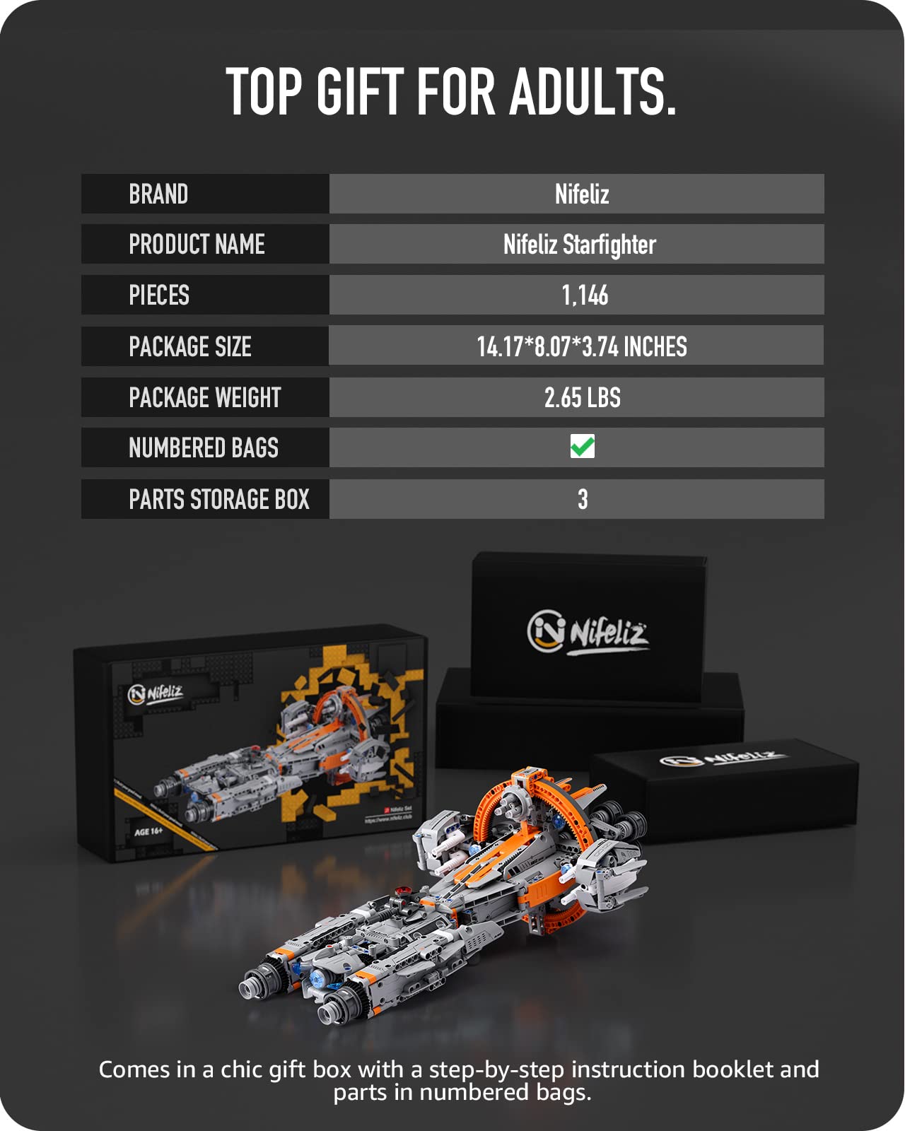 Nifeliz Starfighter, Spaceship Building Toy with Technology Pieces, Attractive Display Model Set as for Adults (1,146 Pieces)