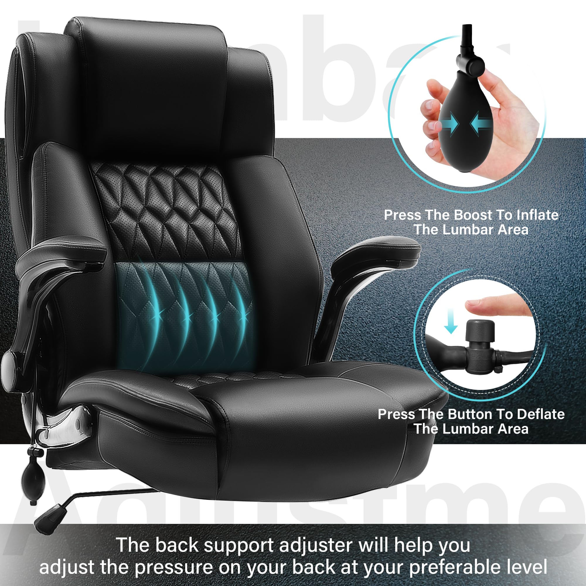 Large High Back Office Chair - Adjustable Lumbar Support Flip Up Arms Heavy Duty Quiet Wheels Metal Base Breathable Bonded Leather Ergonomic Executive Computer Desk Chair with Storage Bags, Black