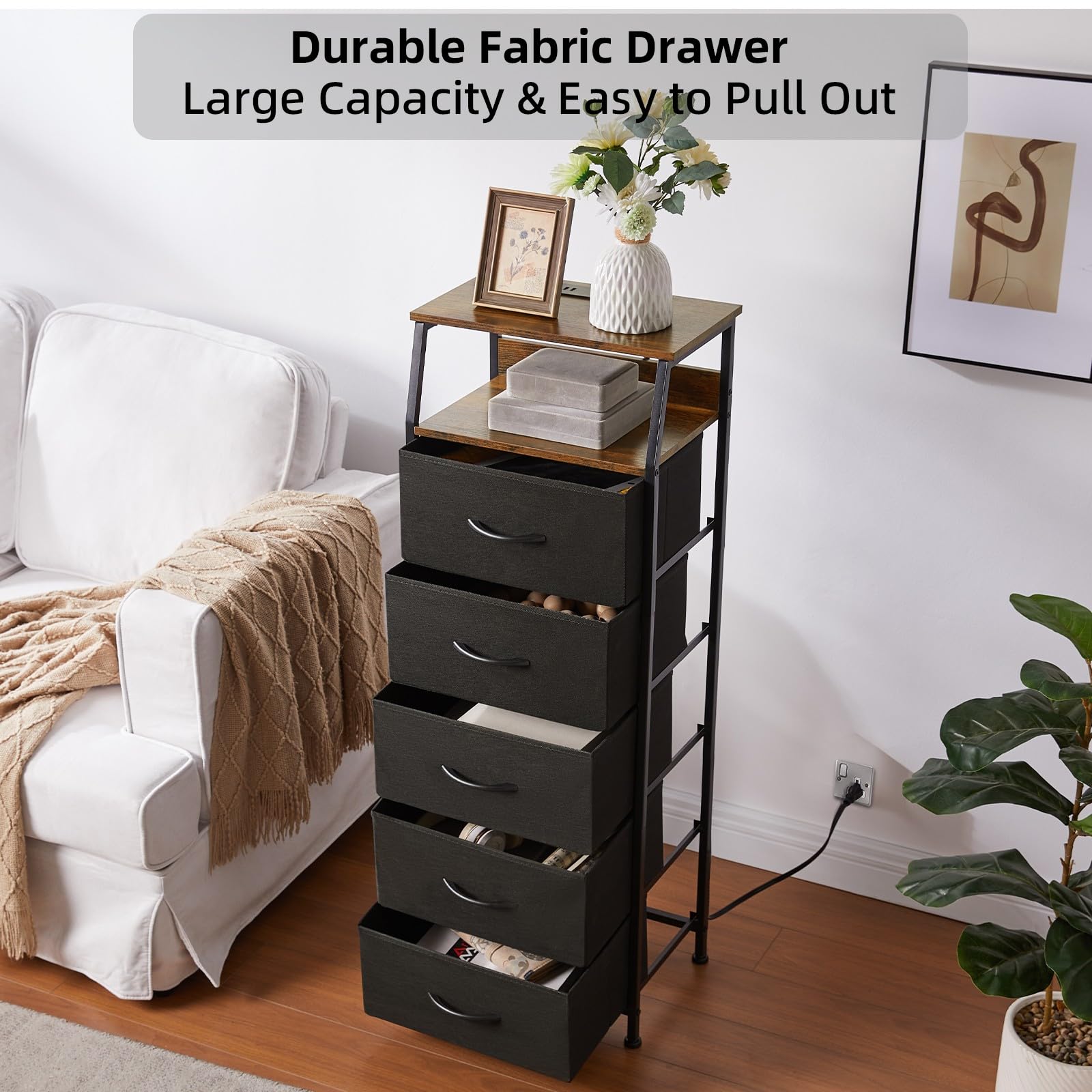 Somdot Black Nightstand with Charging Station and LED Light for Bedroom, Tall 5 Drawers Dresser with Fabric Bins for Bedside Laundry Closet Entryway Hallway, Black Rustic Brown