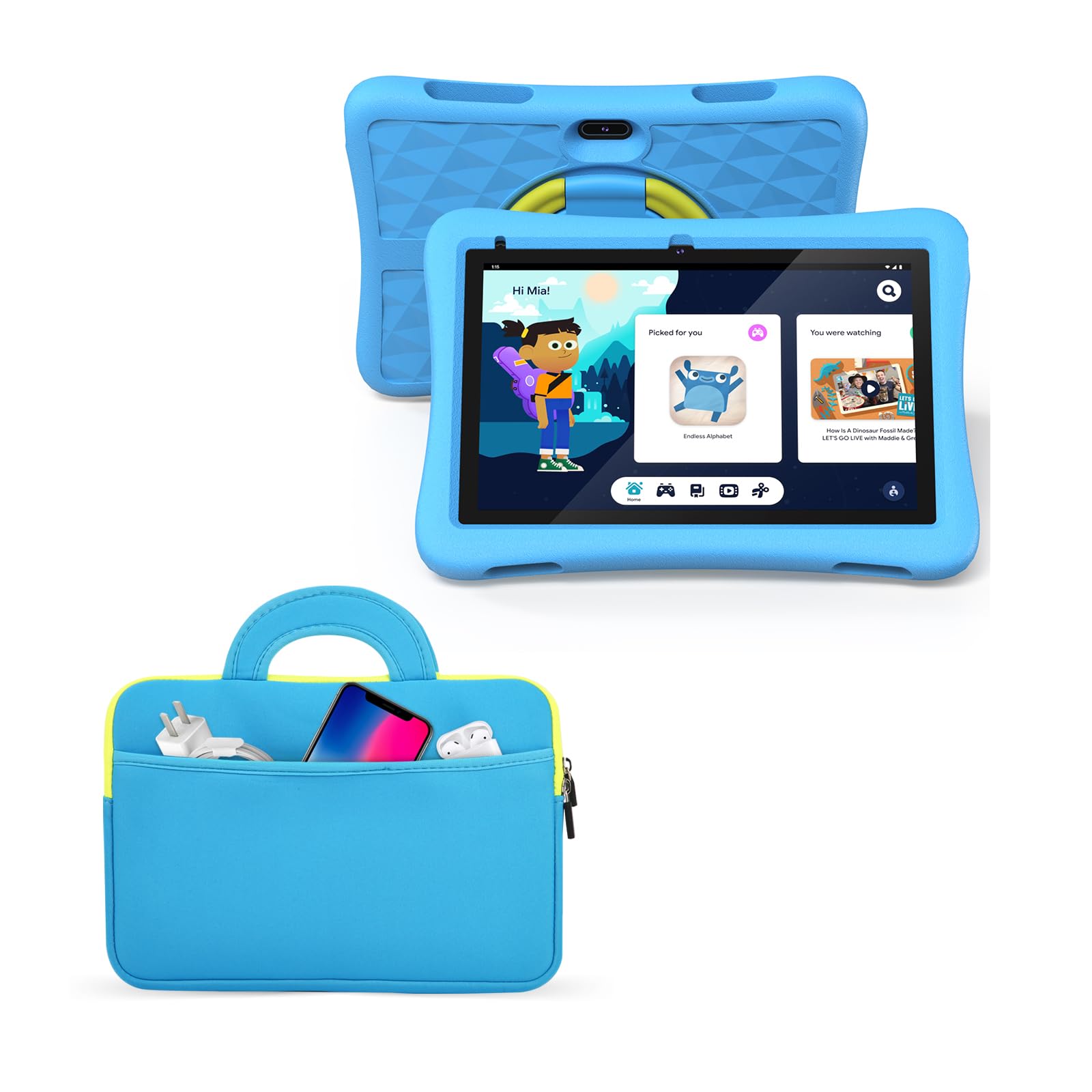 Kids Tablet, 10 inch Toddler Tablet, Google Kids Space, Teacher Approved apps with Parent Control, Eye Protection Mode, EVA Shockproof Case and Tablet Sleeve Bag Bundle, PlimPad Kids10 (Blue Set)