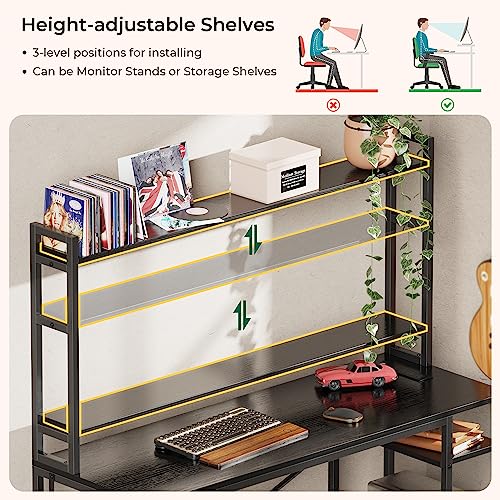 Huuger 55 inch Computer Desk with Adjustable Shelves, Gaming Desk with LED Lights & Power Outlets, Home Office Desk with Monitor Stand, Hooks & CPU Stand, Black