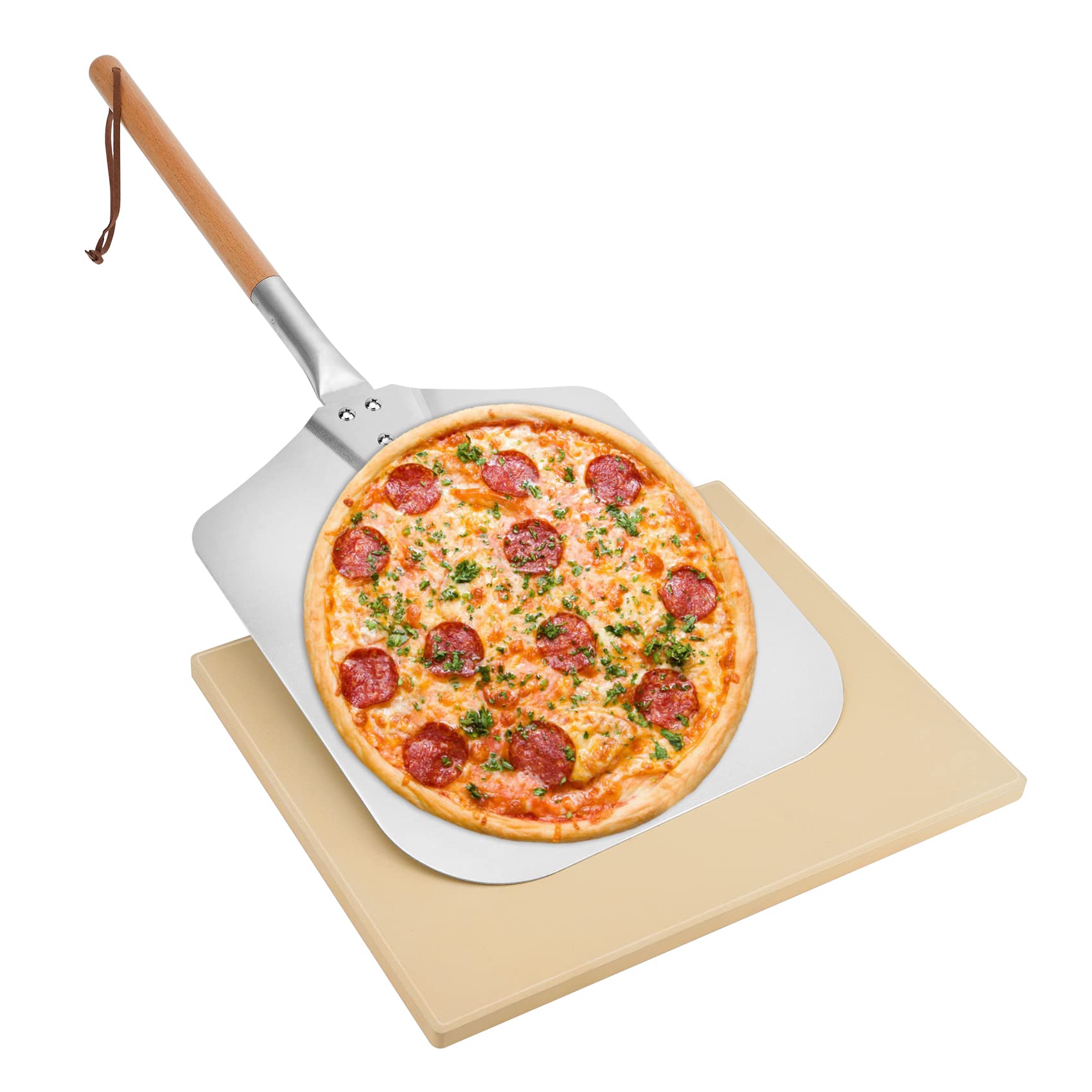 Mimiuo Pizza Grilling Tool Set for BBQ Grill & Oven Including Pizza Baking Stone and 12 x 14 inch Aluminum Pizza Peel for Baking Bread Pies