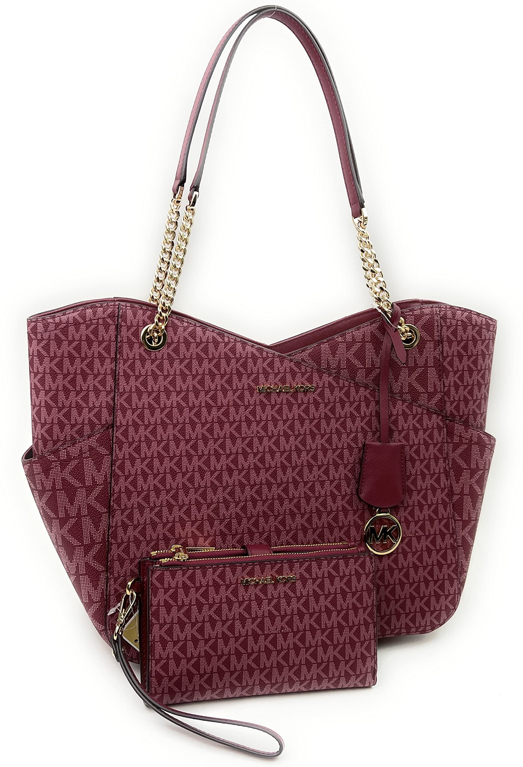 Michael Kors JS Travel Large Chain Shoulder Tote Bundled with Michael Kors Jet Set Travel Double Zip Wallet (Mulberry Multi)