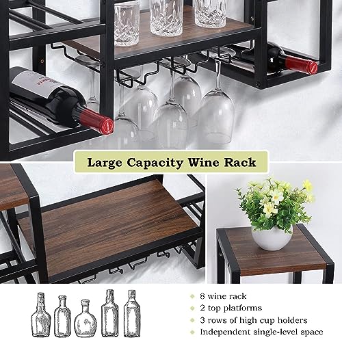 Kokorona Hanging Wine Rack Wall Mounted, Industrial Pipe Wine Rack with 3 Stem Glass Holder, Liquor Bottle Display Shelf Floating Bar Shelves for Wine Bottles