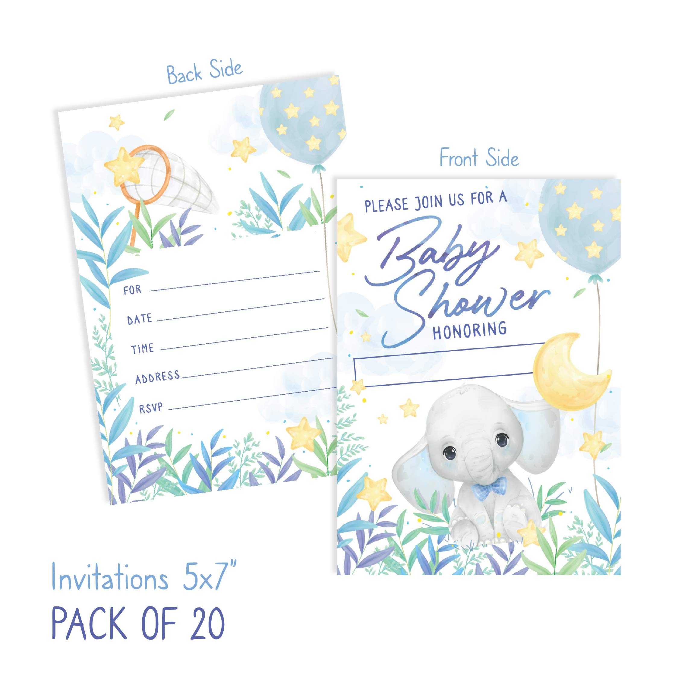 Joyful Toys 20 Baby Shower Elephant Invitations With 20 Envelopes, 20 Diaper Raffle Cards, 20 Baby Shower Book Request Cards