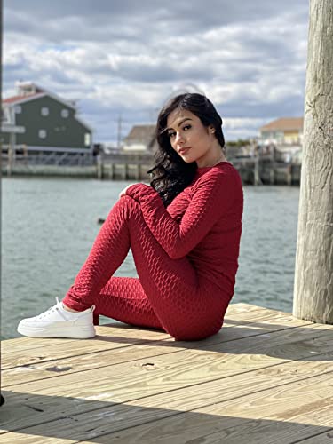 KANSOON Jogging Suits for Women 2 Piece Bodycon Sweatsuits Long Sleeve Pullover Top Jogger Pants Workout Set Wine Red XL