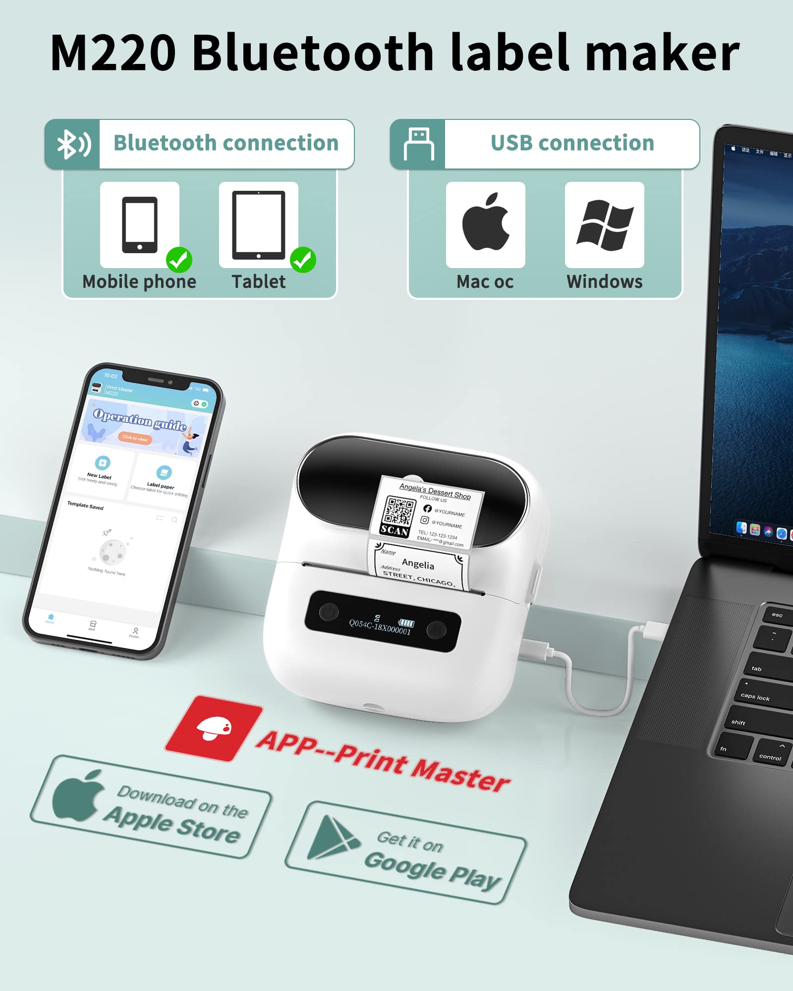 Itari Label Maker Thermal Label Printer, M220 Bluetooth Wireless Inkless Portable Printer for Barcode, Address, Labeling, Mailing, Small Business, Support Phones and PC, with 1 Roll 40×30mm Label