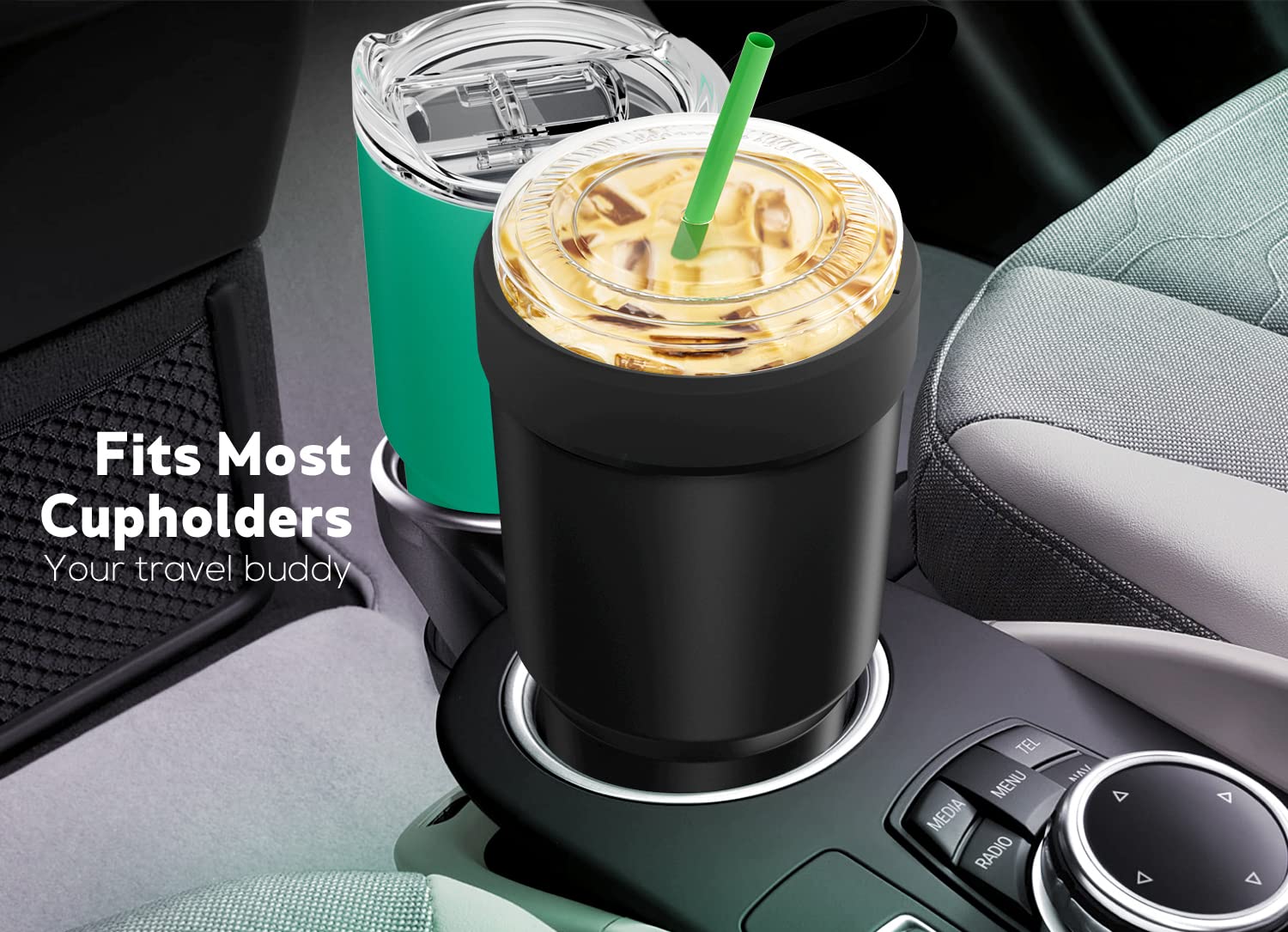 Meoky Double Wall Stainless Steel Iced Coffee Sleeve Reusable, One Size Fits All Coffee Sleeve for Starbucks, Dunkin Donuts, McDonalds (16-24oz, Midnight)