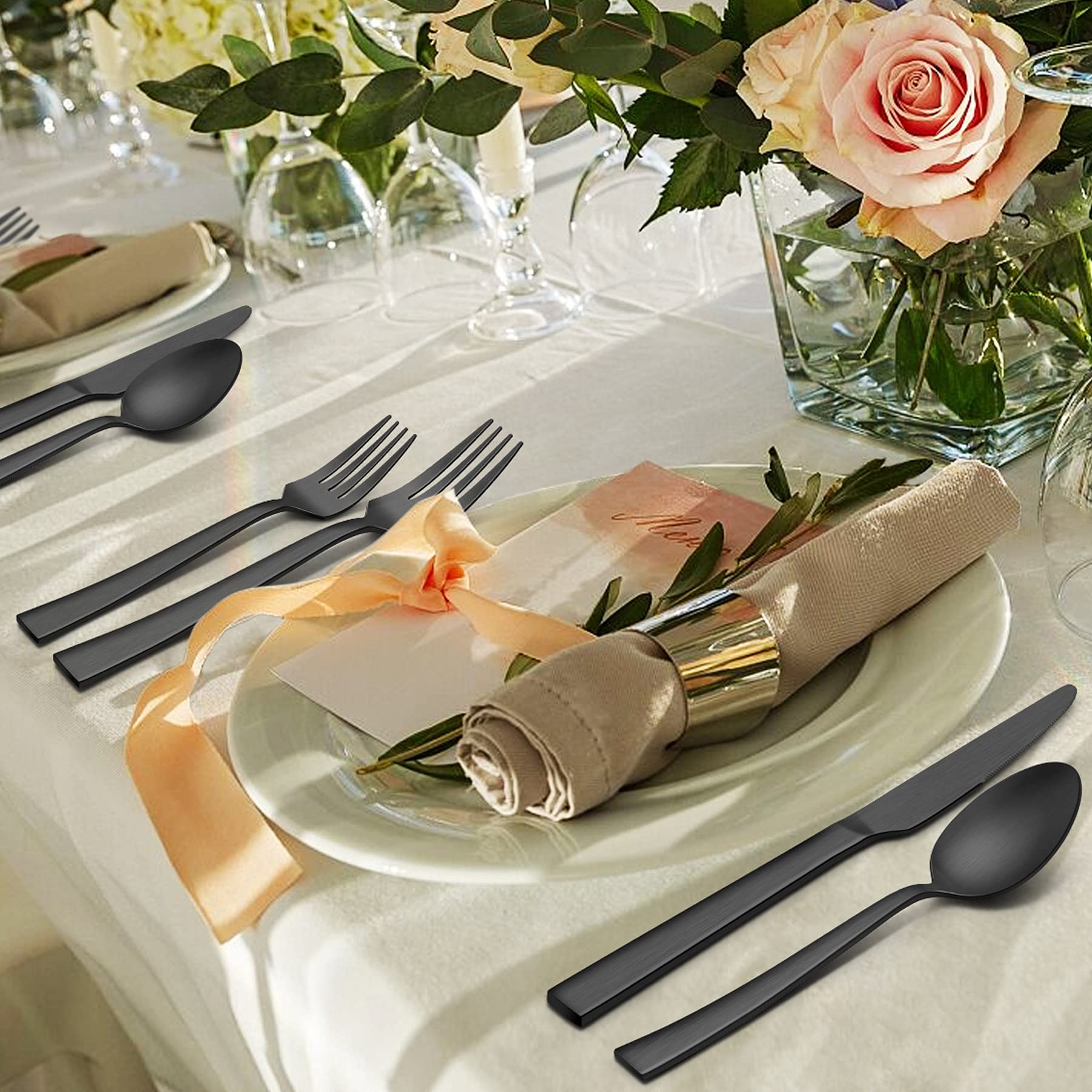 LIANYU 45-Piece Matte Black Silverware Set with Serving Utensils, Stainless Steel Flatware Cutlery Set for 8, Square Tableware Eating Utensils Set for Wedding Home, Satin Finish, Dishwasher Safe