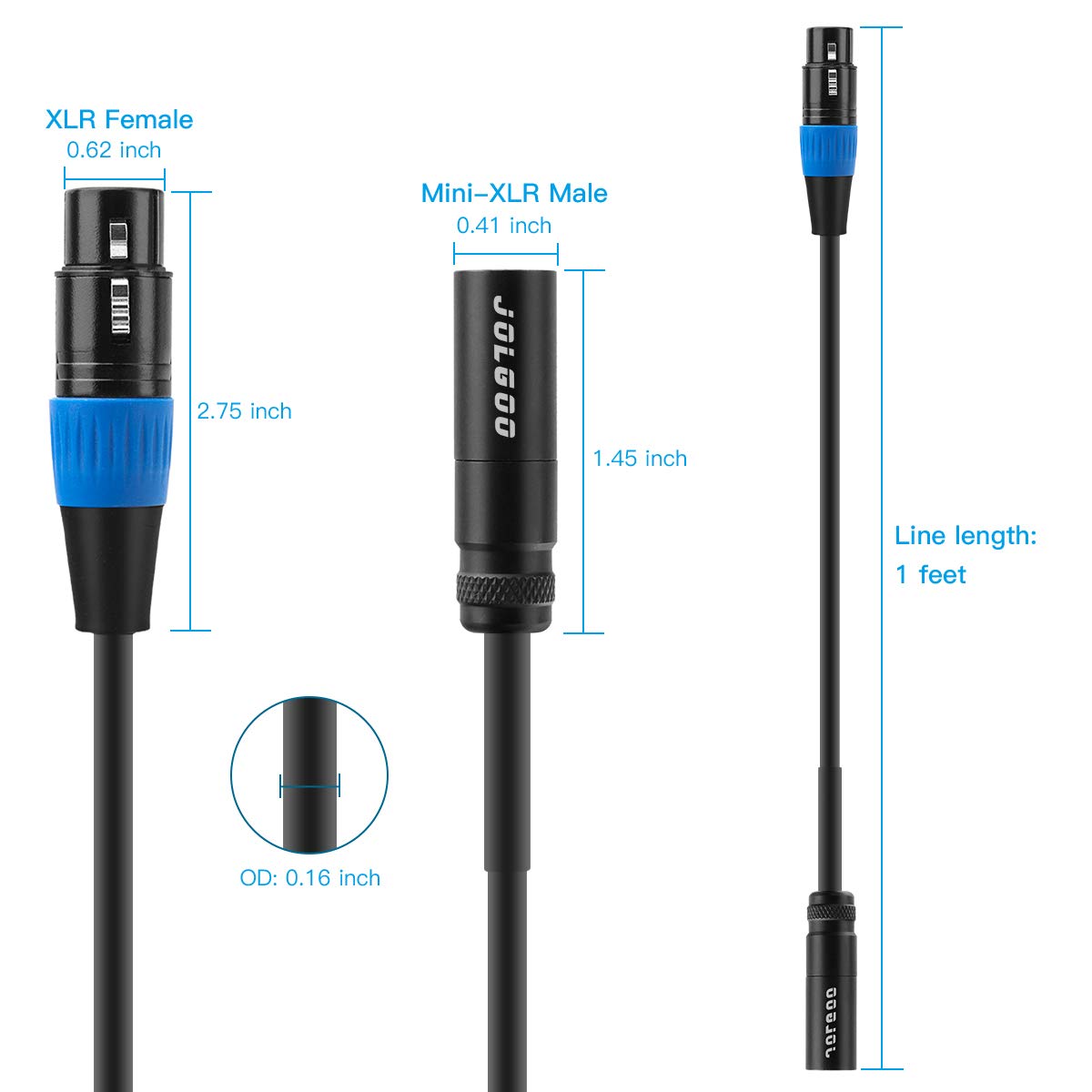 JOLGOO Mini XLR Male to XLR Female Adapter Cable, 3-pin Mini XLR Male to XLR Female Adapter Cable, for BMPCC 4K Camera Video Assist 4K Sharp 8K, 1 Feet