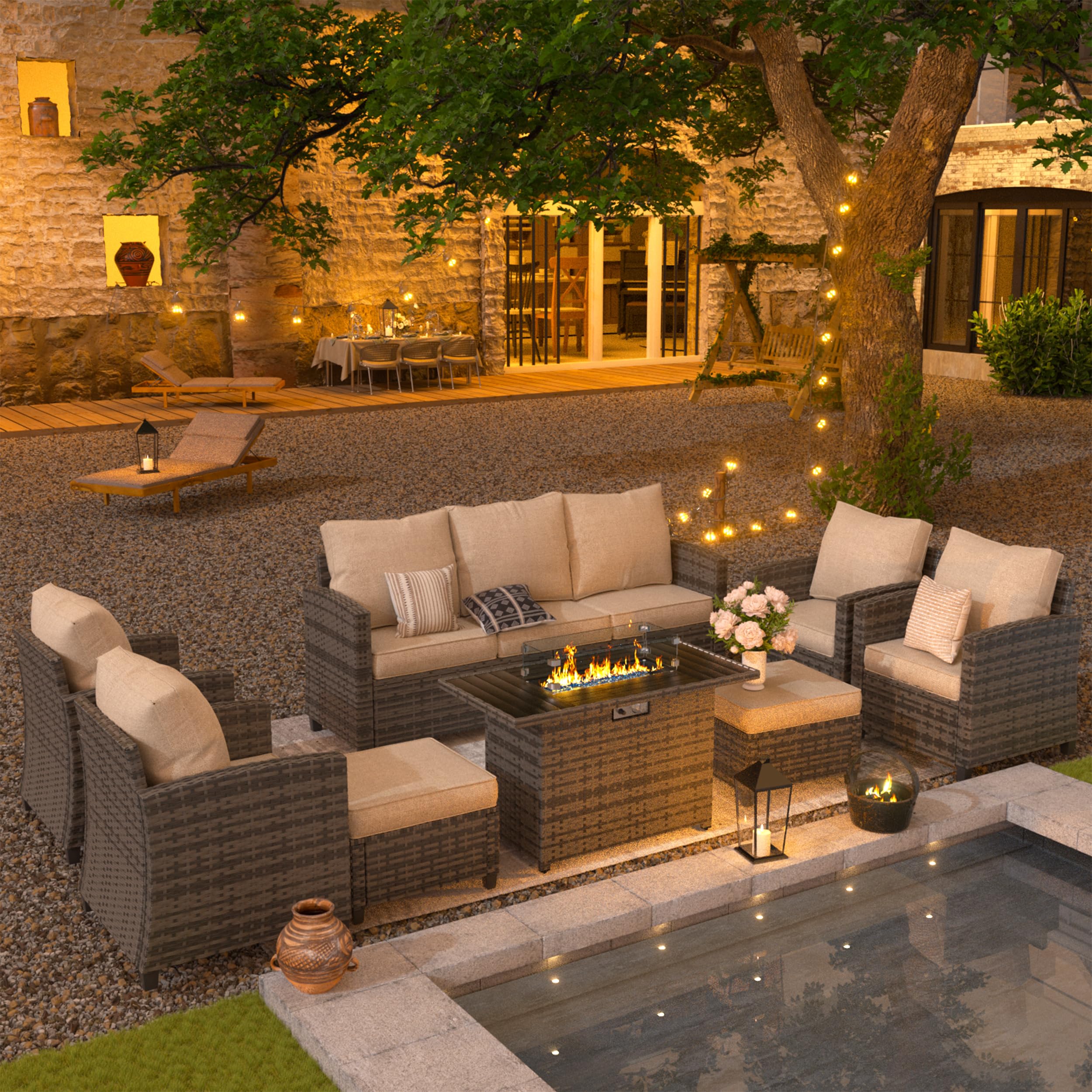 UDPATIO Patio Furniture Set with 44" Fire Pit Table, 8 Pieces Outdoor Sectional Conversation Sets, All-Weather Wicker Rattan Sofa Ottoman with 4" Thick Cushion for Garden Backyard Deck, Light Blue