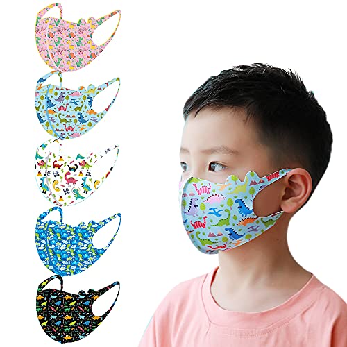 Kids Children Dinosaurs Cartoon Face Mask, Washable Face Shield Cover, Anti-Dust, Reusable 5Pcs