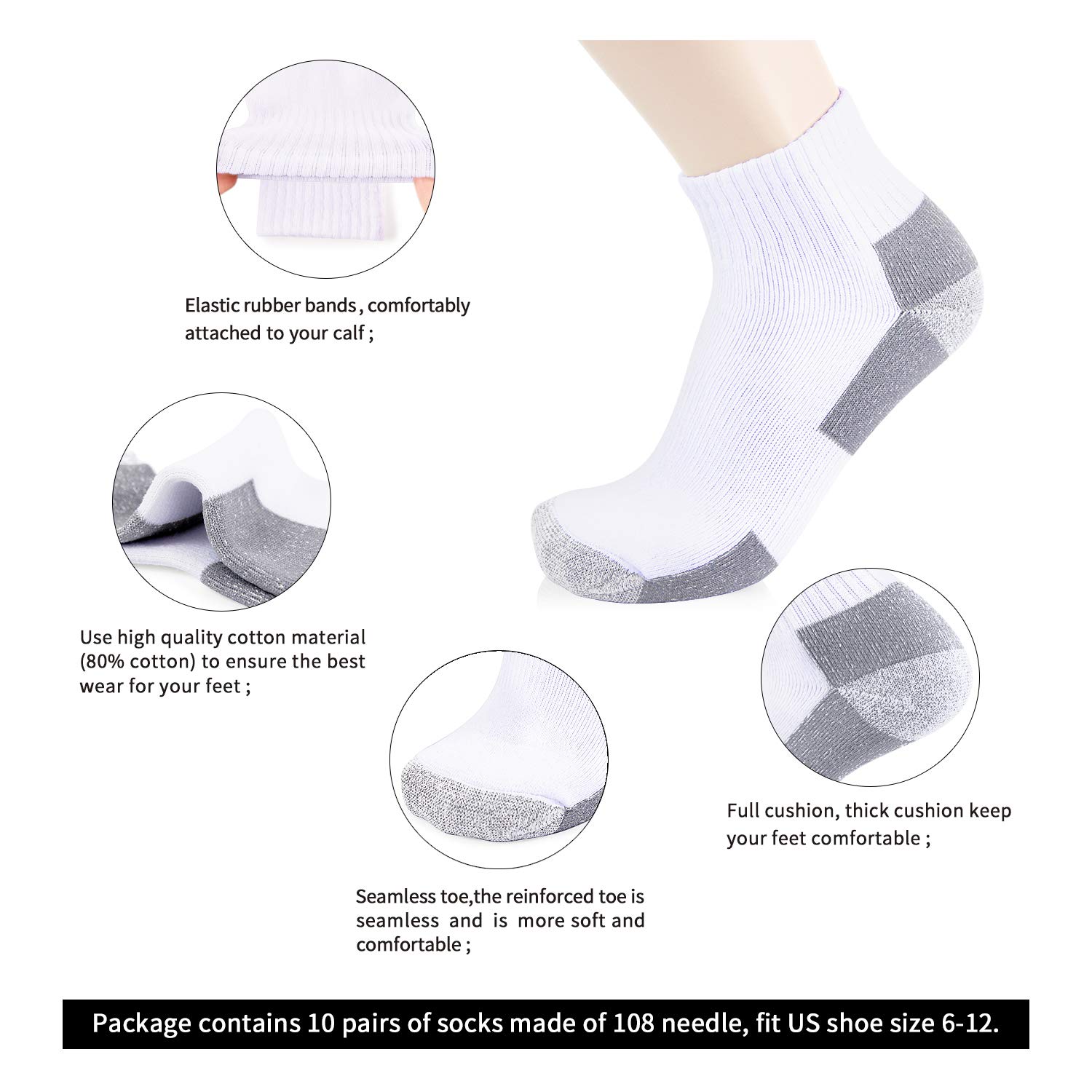 JOURNOW 10 Pairs Men's Cotton Extra Heavy Cushion Low Cut Socks (10-13, White+Light Gray, numeric_10)