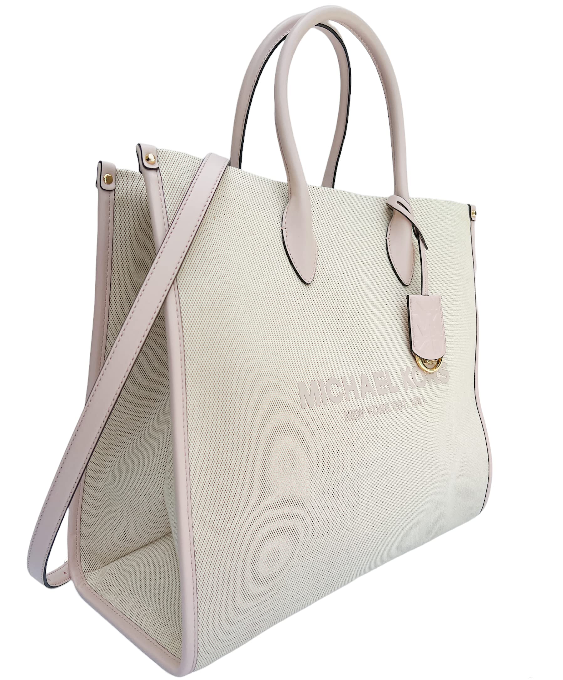 Michael Kors Mirella Large Logo Canvas Tote Crossbody Bag Neutral Blush Pink