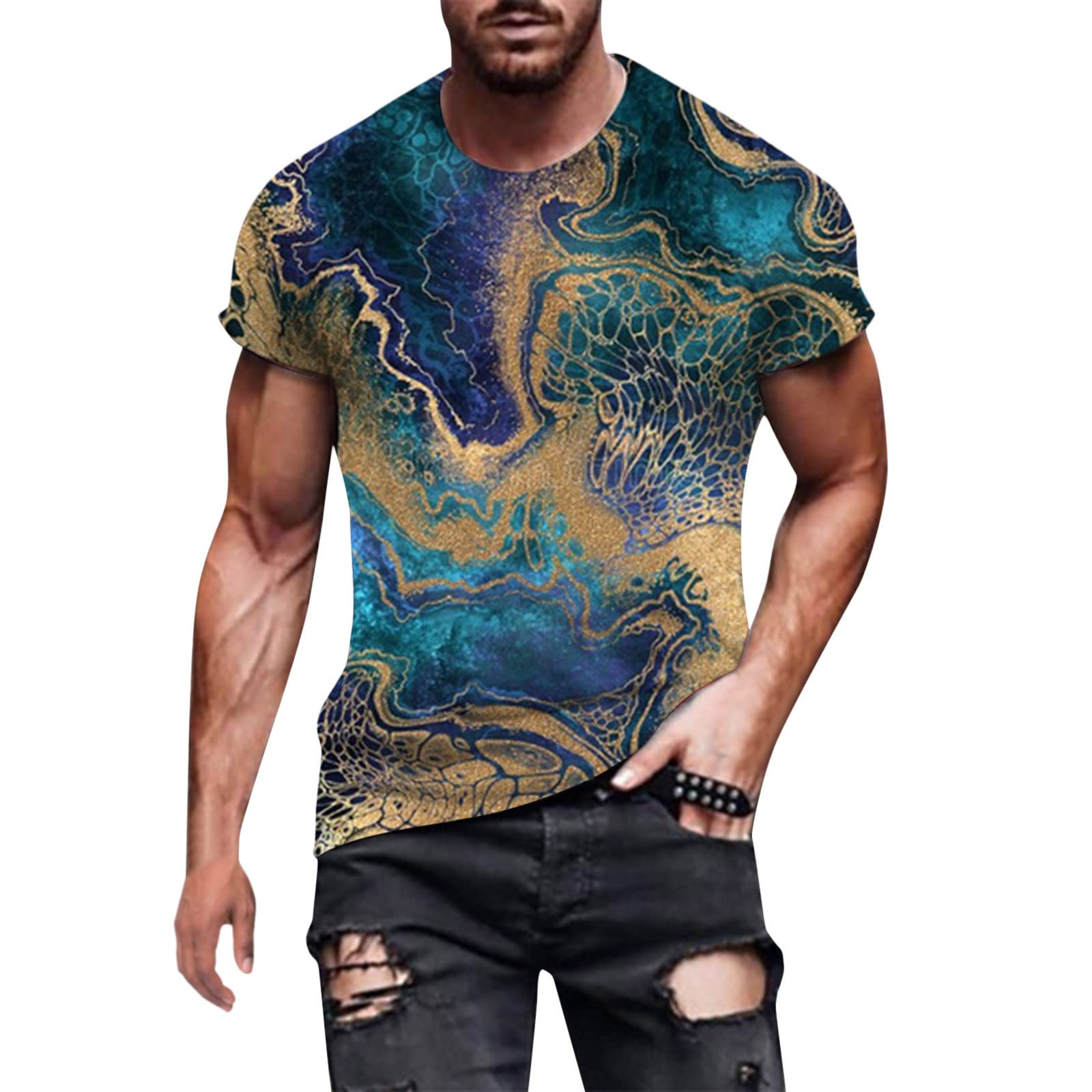 Mens Graphic Tees,Short Sleeve Shirts for Men Casual Summer Graffiti Print Crewneck T Shirt Workout Tee Tops Blue