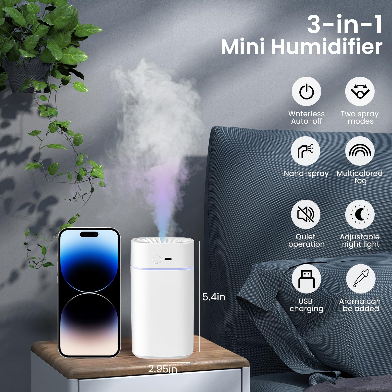 Mini Humidifier,Small Cool Mist Humidifier,Rechargeable Desktop Humidifier For Baby Bedroom, Travel Office Home Car Humidifier, Super Quiet, Blue