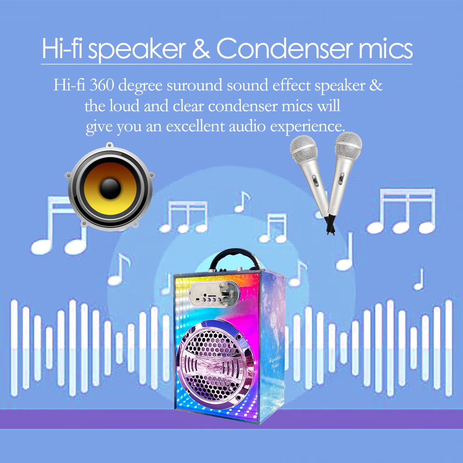 KaraMuizi Bluetooth Karaoke Machine for Kids and Adult, Mirror Surface Wooden Wireless Singing Speaker with 2 Microphones Dancing Light for Party Birthday Gift (Blue Sky)