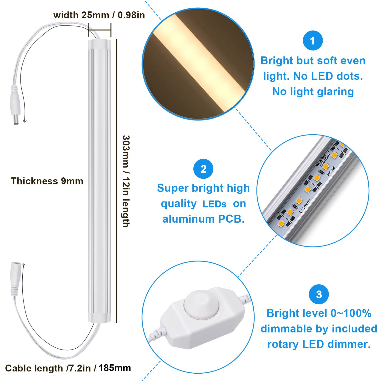 Litever Under Cabinet LED Lighting Kit, Super Bright, 6 PCS 12β Slim Light Bars, 31W 2000 Lumen, Dimmable, Plug or Wired Power Adapter, for Kitchen Cabinets Counter Shelf Workbench (Warm White 3000K)