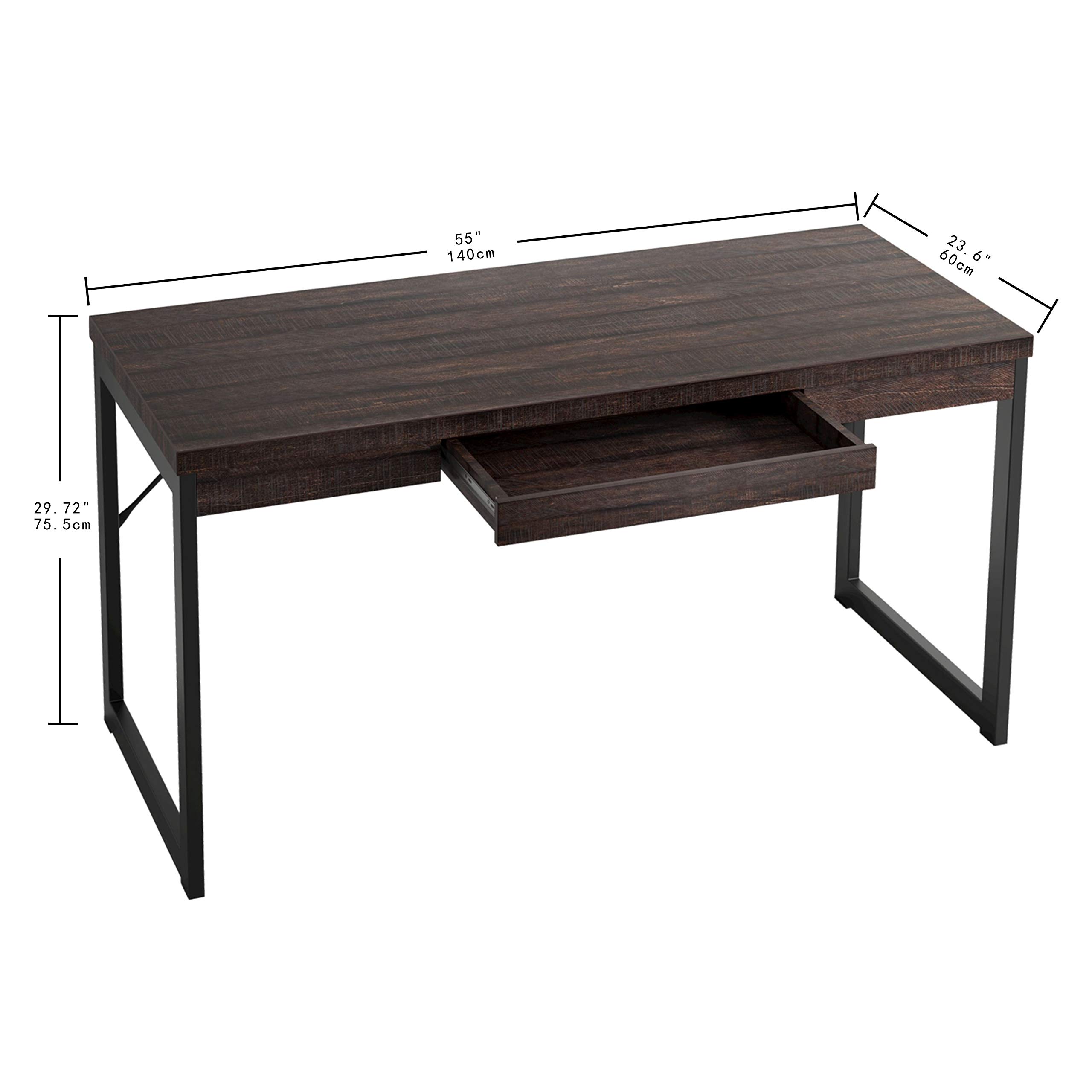 IRONCK Computer Desk with Drawer 55" Writing Desk, Industrial Office Desk Table for Home Office, Sturdy Metal Frame, Easy Assembly, Espresso