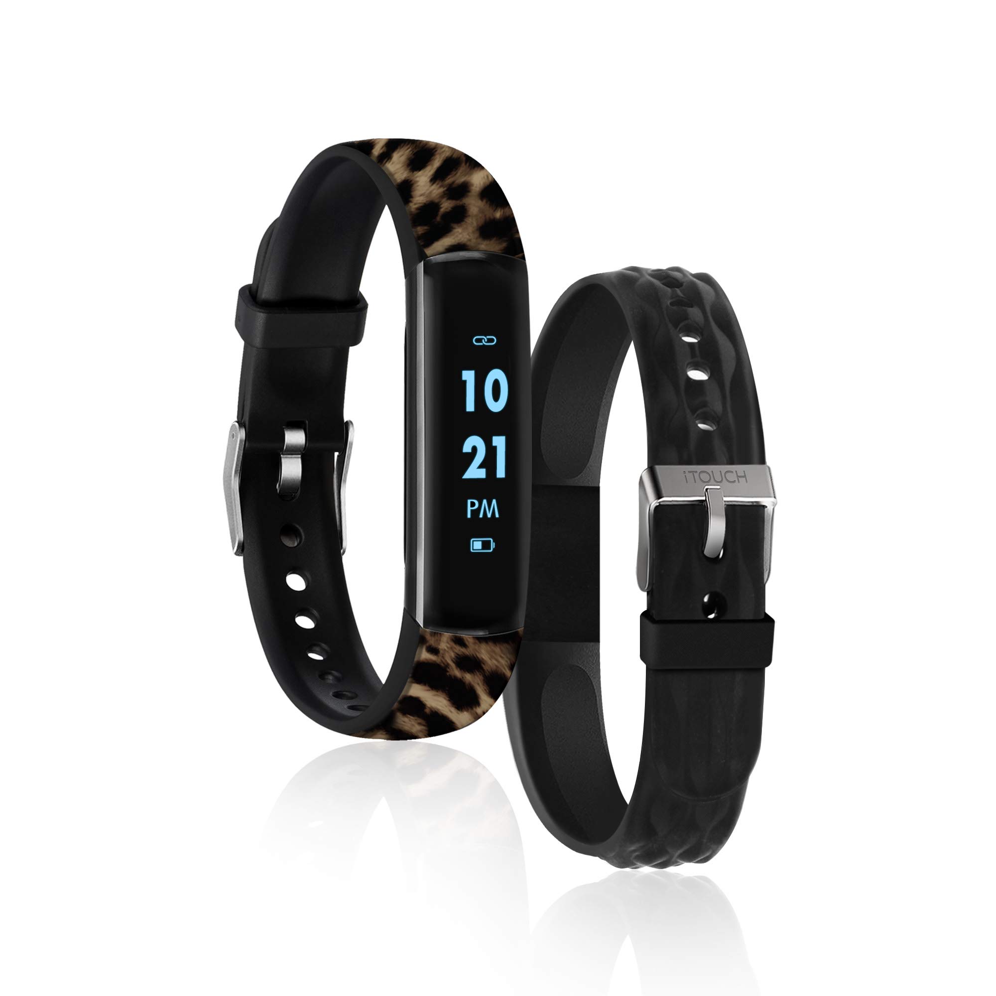 iTouch Slim Fitness Tracker with Heart Rate Monitor, Step Tracker, Calorie Tracker & Sleep Tracker. Waterproof Fitness Watch for Women & Men, Android & iOS, Leopard Print/Black Interchangeable Straps