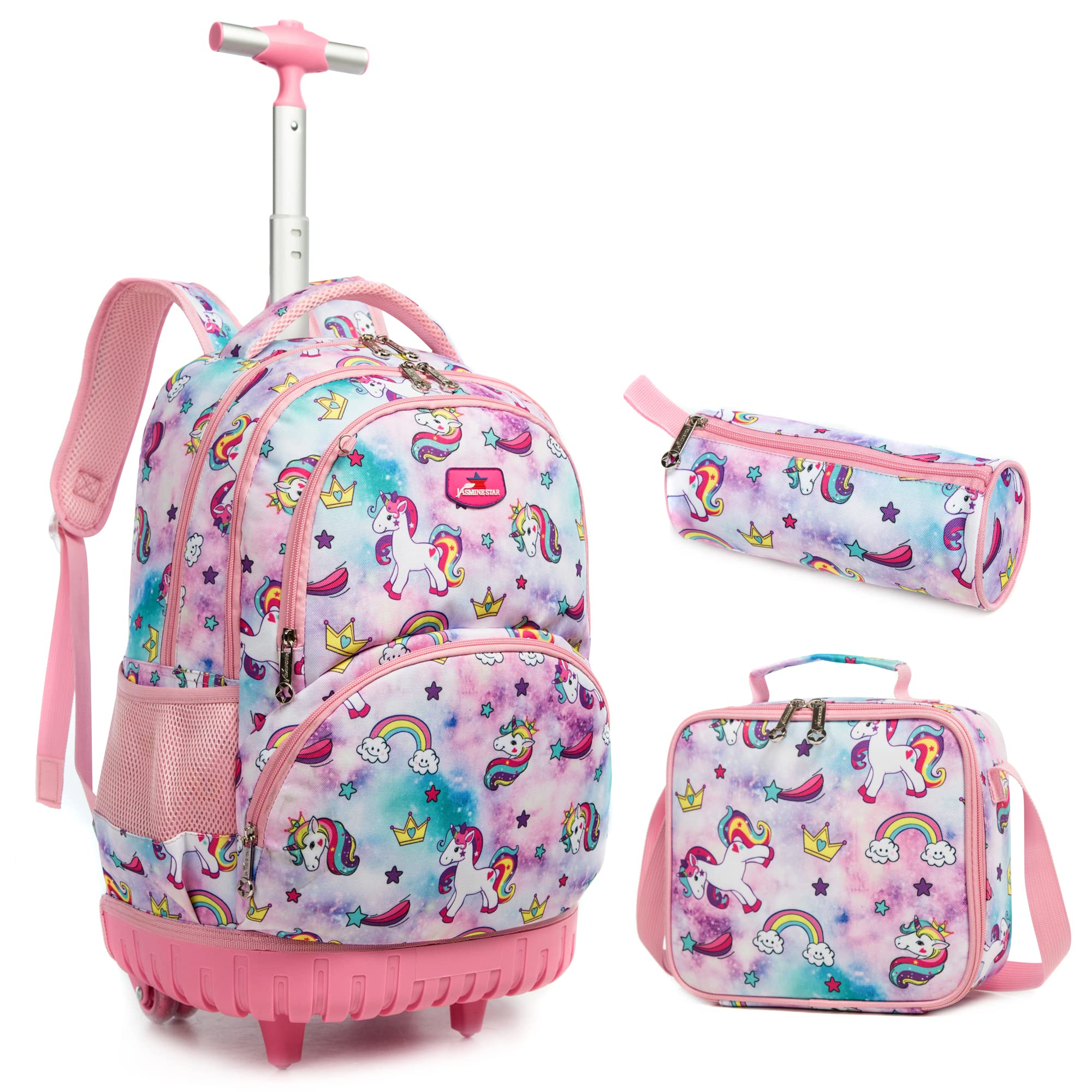 Jasminestar Rolling Backpack 18 inch Wheeled Kids Backpack with Lunch Bag and Pencil Case for Boys and Girls