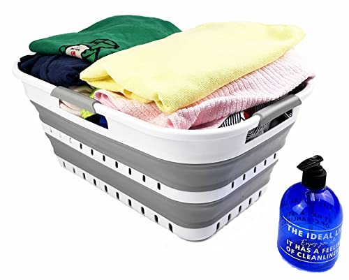 SAMMART 21L (5.5 gallon) Super Mini Collapsible 3 Handled Plastic Basket - Foldable Pop Up Storage Container/Organizer - Space Saving Hamper/Basket (White/Grey)