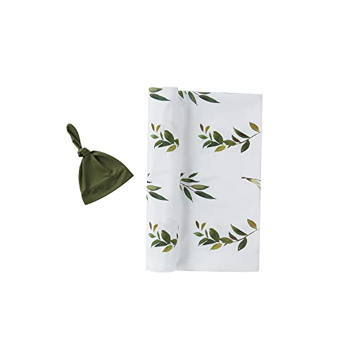Little Jump stretchy baby Swaddle Blanket and Hat Bow Set, Olive Branches Jersey Cotton Receiving Blanket, newborn hospital outfit for Boys (Green)