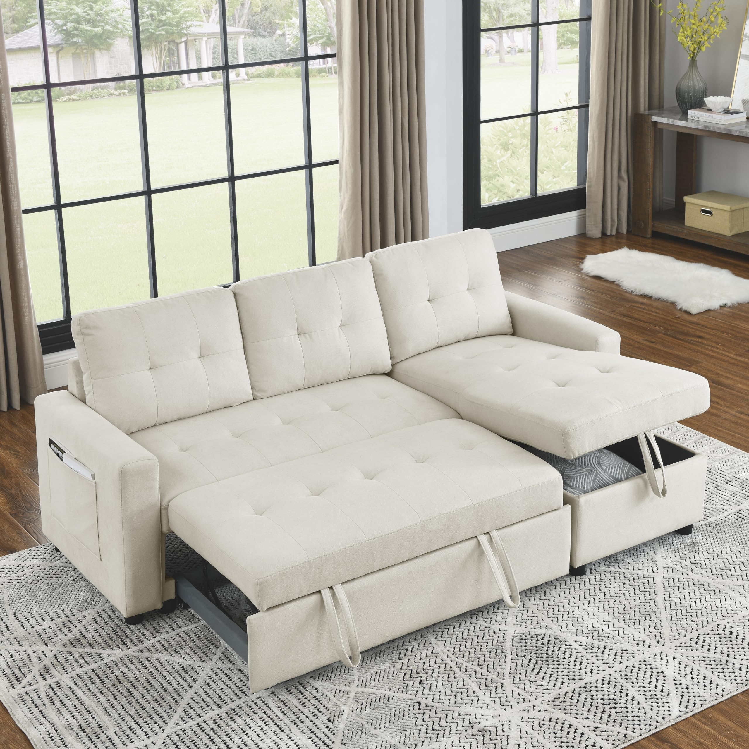 XZTUAJ 78" L Shaped Couch Sofa,3 Seater Couch Reversible Sleeper Sectional Sofa with Pull-Out Bed,Comfy Tufted L-Shaped Sectional Sofa Couch Bed with Storage Chaise Side Pocket for Living Room (Beige)