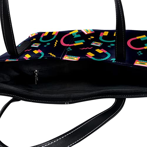 Neon Funky Head Phone Background Tote Bag for Women Girls, Leather Shoulder Bag with Inside Pockets, Zip Top Handbags