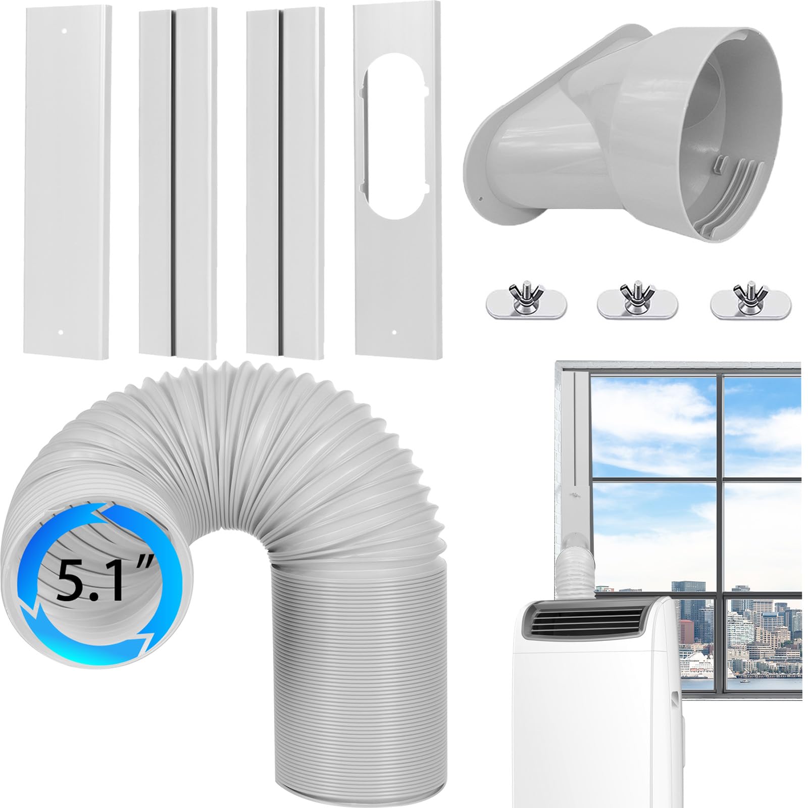 Nihoney Portable Air Conditioner Window Vent Kit with Exhaust Hose 5.1 Inch Diameter, Adjustable 59 Inch Length Exhaust Hose for AC Seal Plate with Universal for Sliding Window