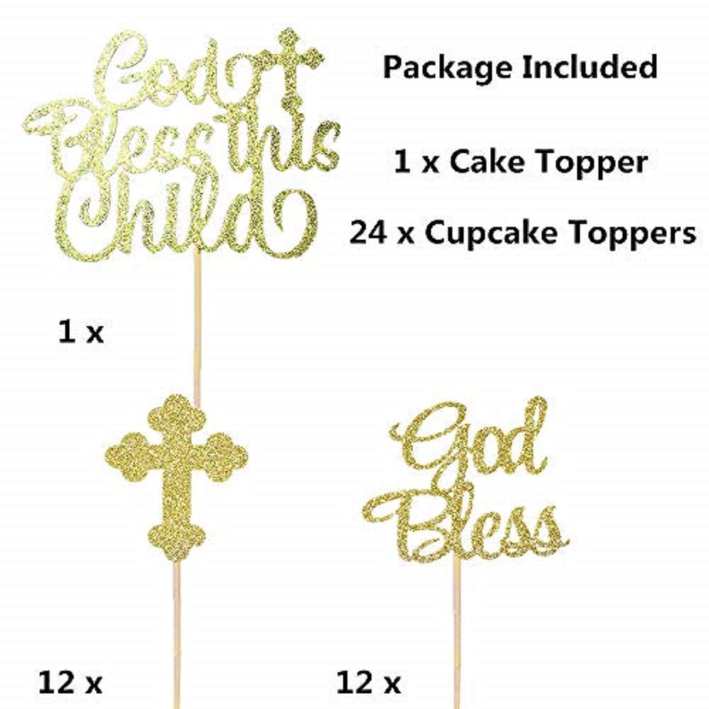 JeVenis 25 PCS Glittery Gold Bless this Child Cake Topper Baptism Cupcake Toppers Cross Cupcake Topper Baptism Cake Topper Cross Cake Decoration Baptism Party Decorations
