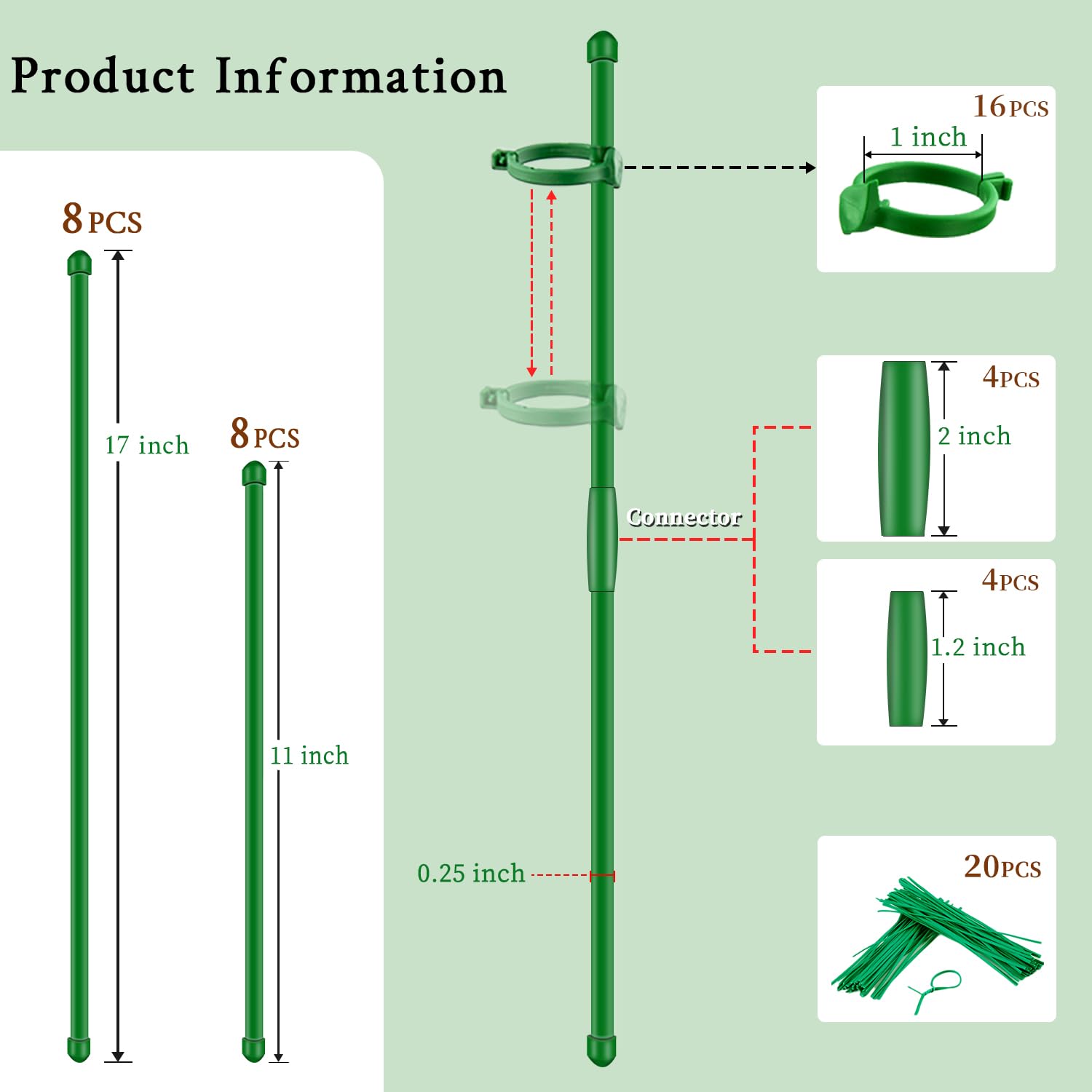 Plant Stakes 17inch &11inch,SupKing Adjustable Length Plant Support Stake 16Pcs Orchid Stick with Clips for Indoor Outdoor,Garden Pole for Potted Tomato Rose Amaryllis Vegetables Comes with 20 Ties