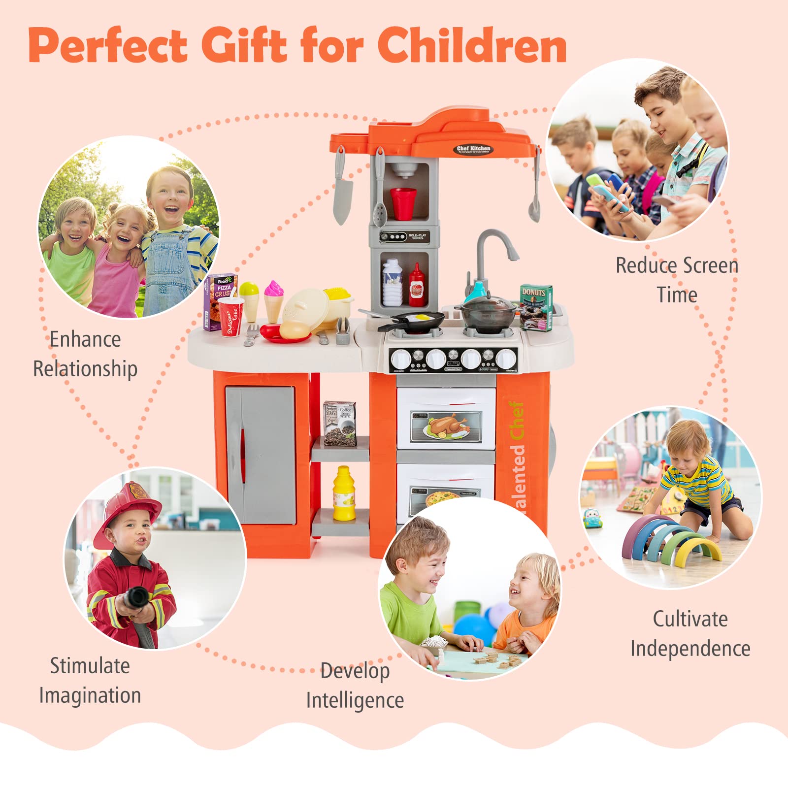 HONEY JOY Kids Kitchen Playset, Plastic Play Kitchen w/Realistic Lights & Sounds, Music, Running Water & Steam Function, 67 Pcs Cooking Accessories, Kitchen Set for Toddlers, Gift for Boys Girls