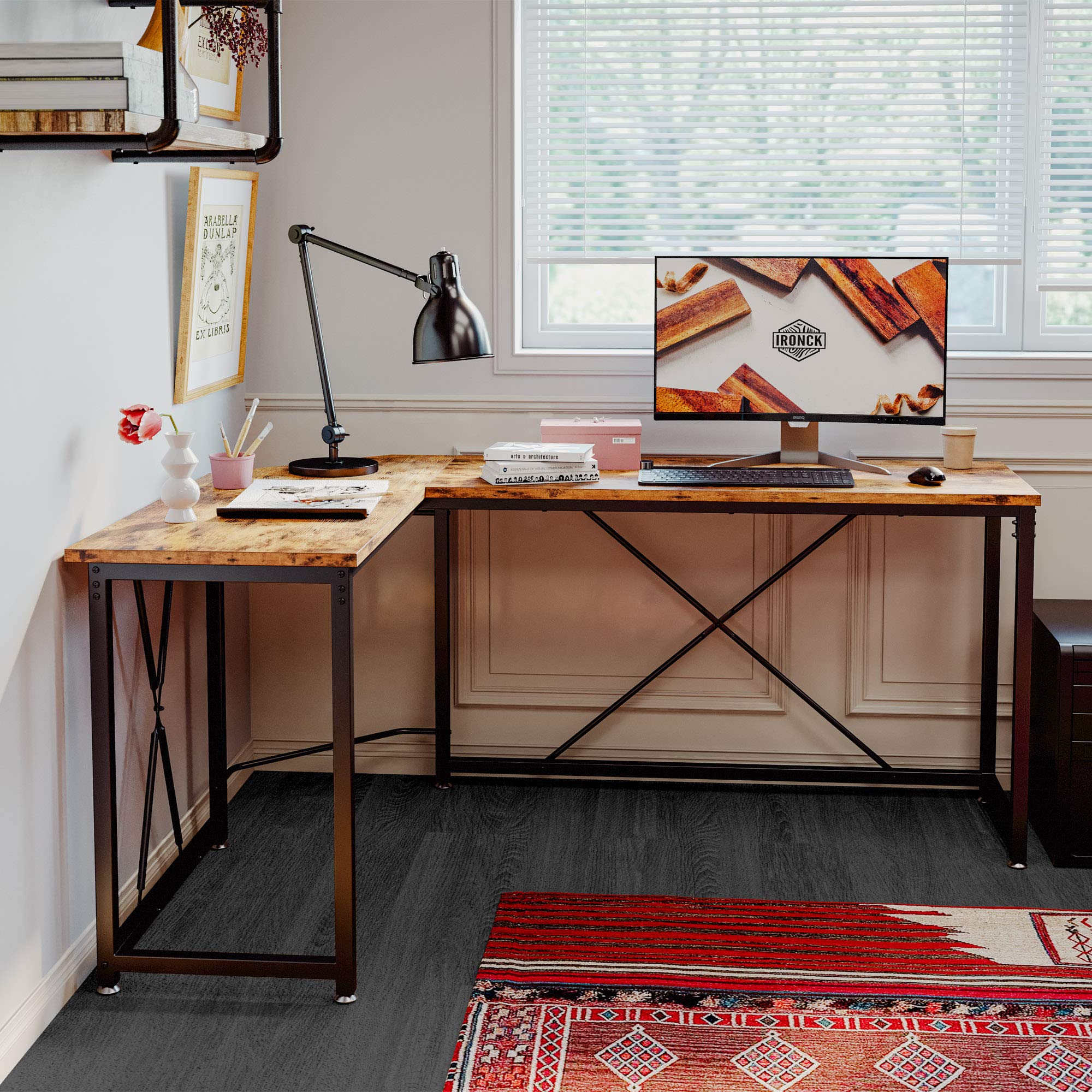 IRONCK L-Shaped Computer Corner Desk, Industrial L-Shaped Writing Workstation, Gaming Desk for Home Office, Space-Saving, Easy to Assemble, Rustic Brown