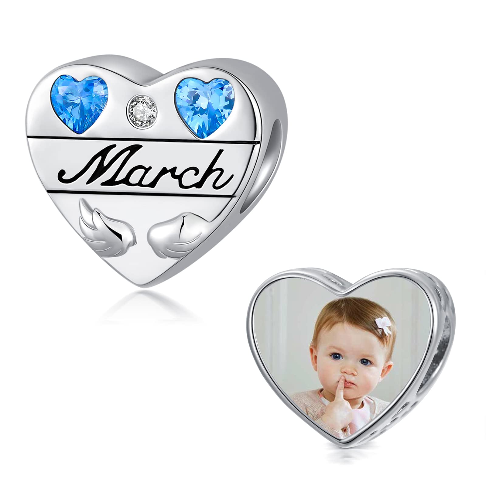 LONAGO Personalized Birthstone Heart Photo Charm 925 Sterling Silver Customized Image Picture Bead Simulated Gemstone Fit Snake Bracelet Happy Birthday Gifts for Women (3)