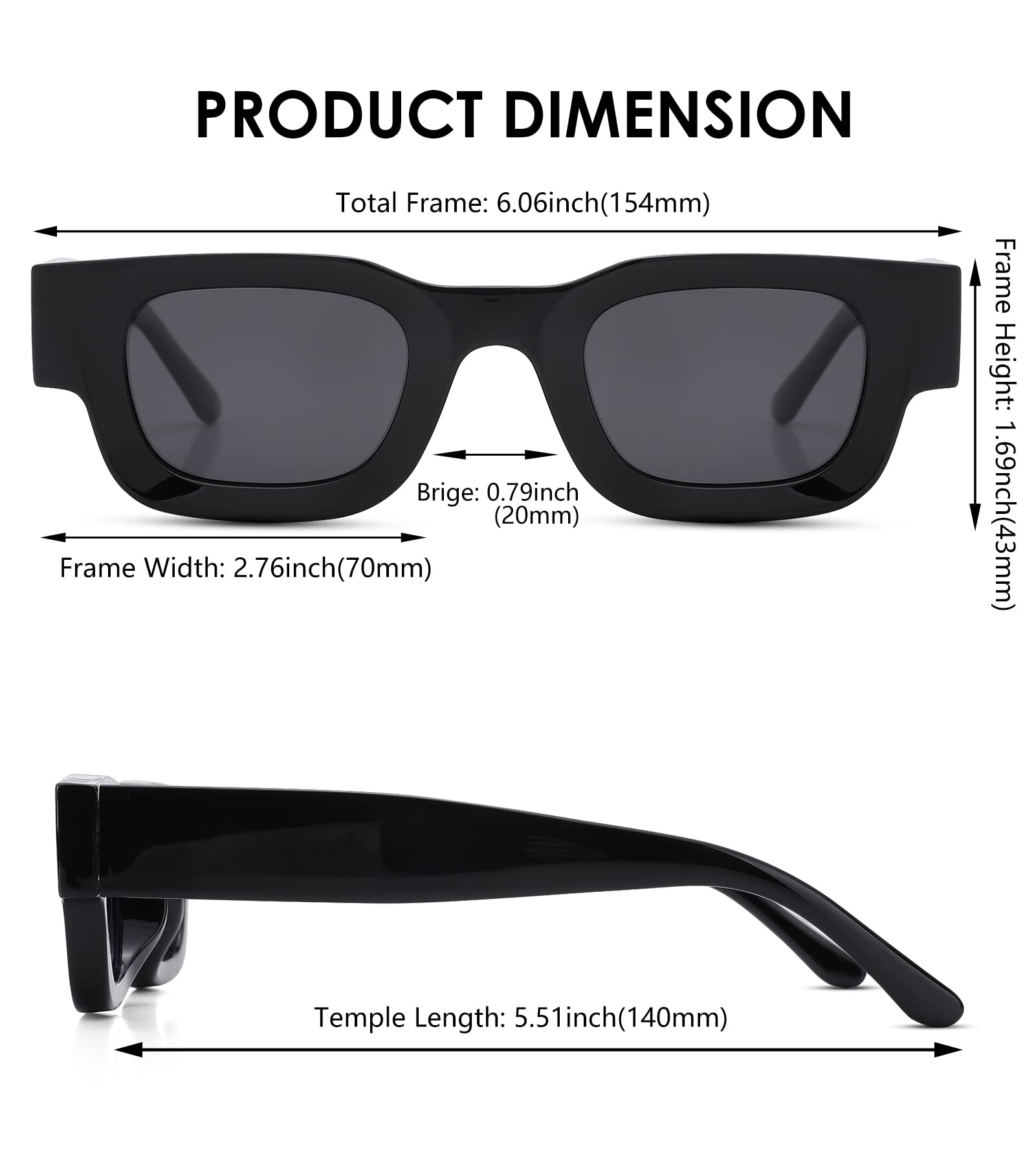 NULOOQ Rectangle Polarized Sunglasses for Men β Women Aesthetic Thick Frame Chunky Small Square Sun Glasses (Black Frame/Gray Lens)