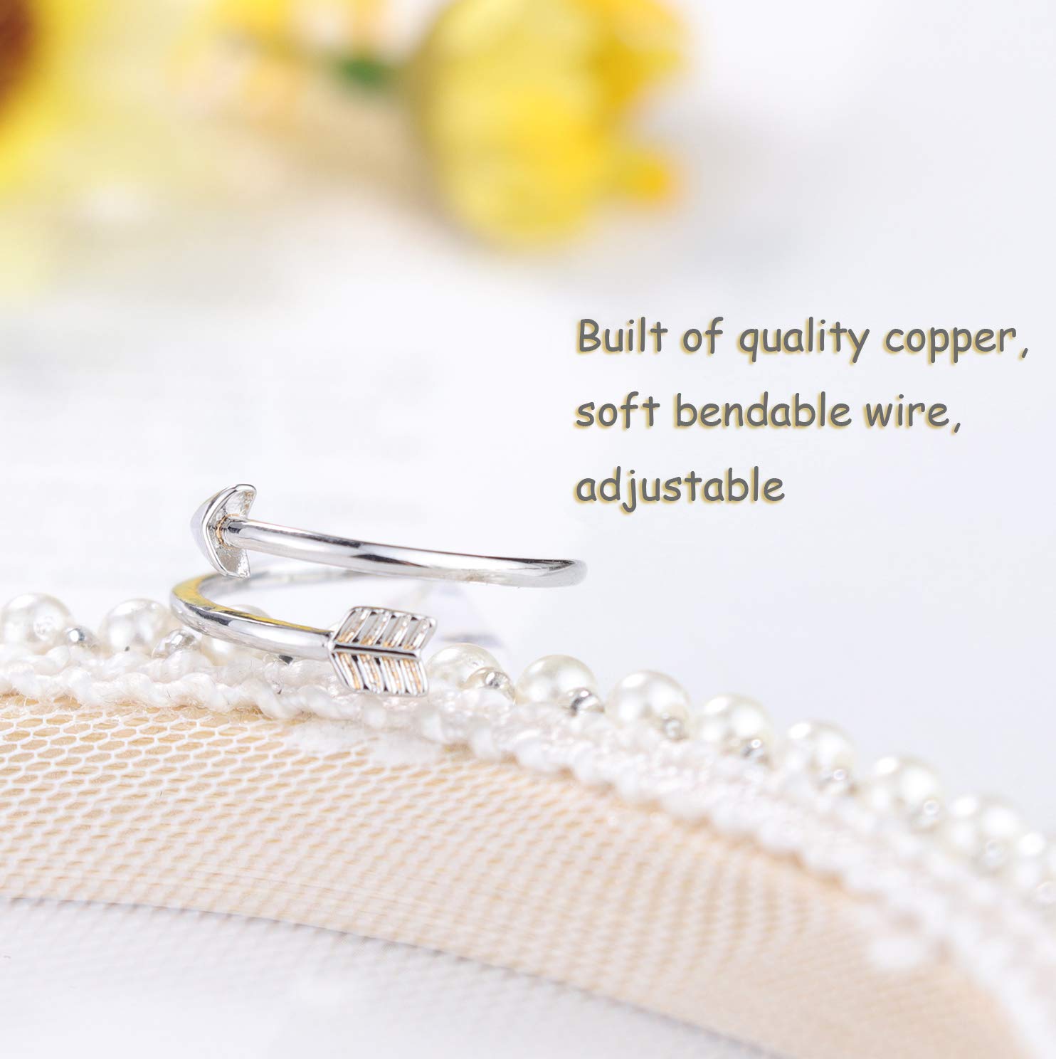JOERICA 3 Pcs Silver Adjustable Open Rings Women Feather Thumb Stackable Knuckle Ring Sideways Arrow Horizontal Ring