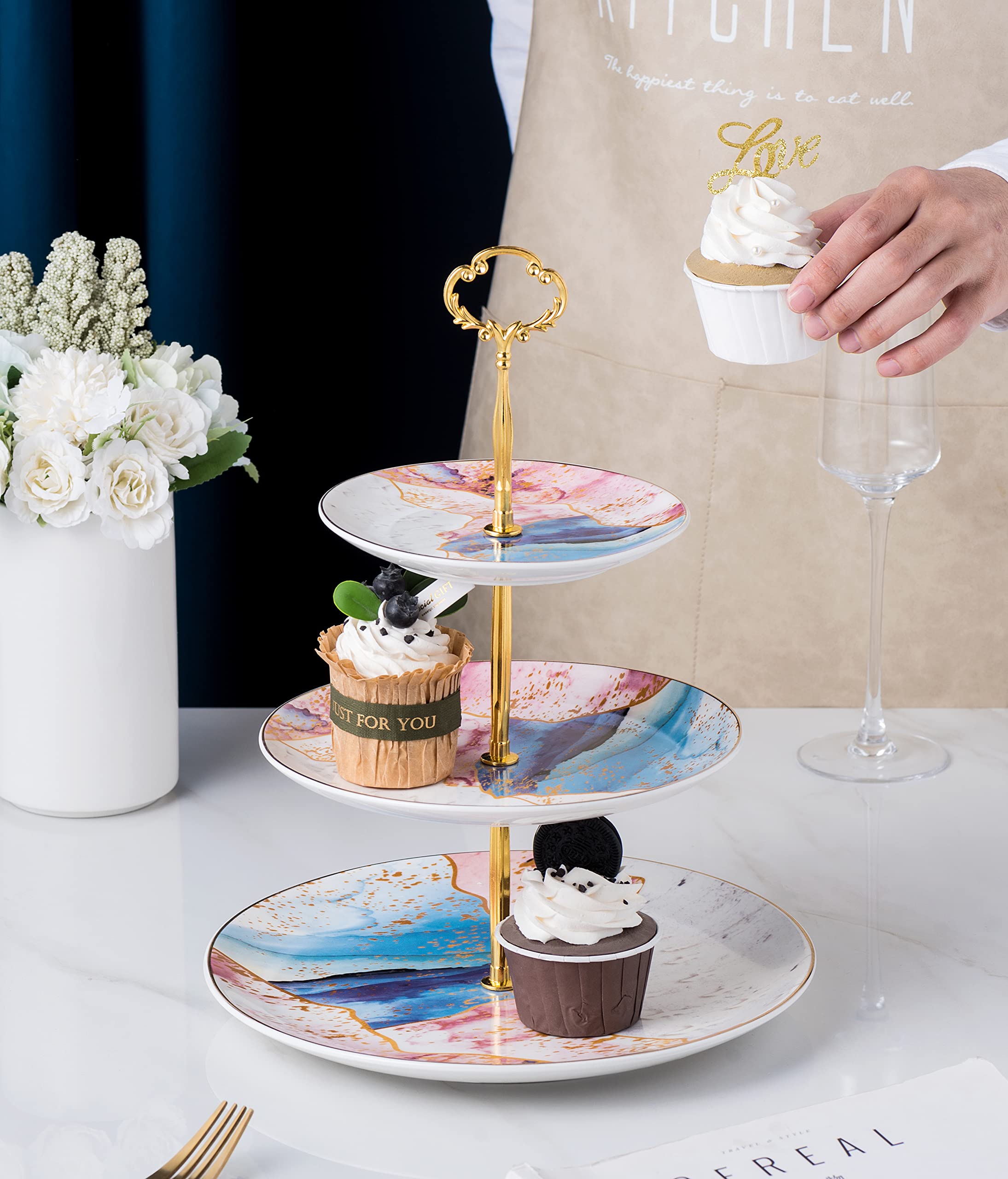 Jusalpha Fine China Rainbow Galaxy Series 3-tier Cake Stand- Cupcake Stand- Tea Party Pastry Serving Platter in Gift Box and a Free Sugar Tong (Rainbow Galaxy 3T)