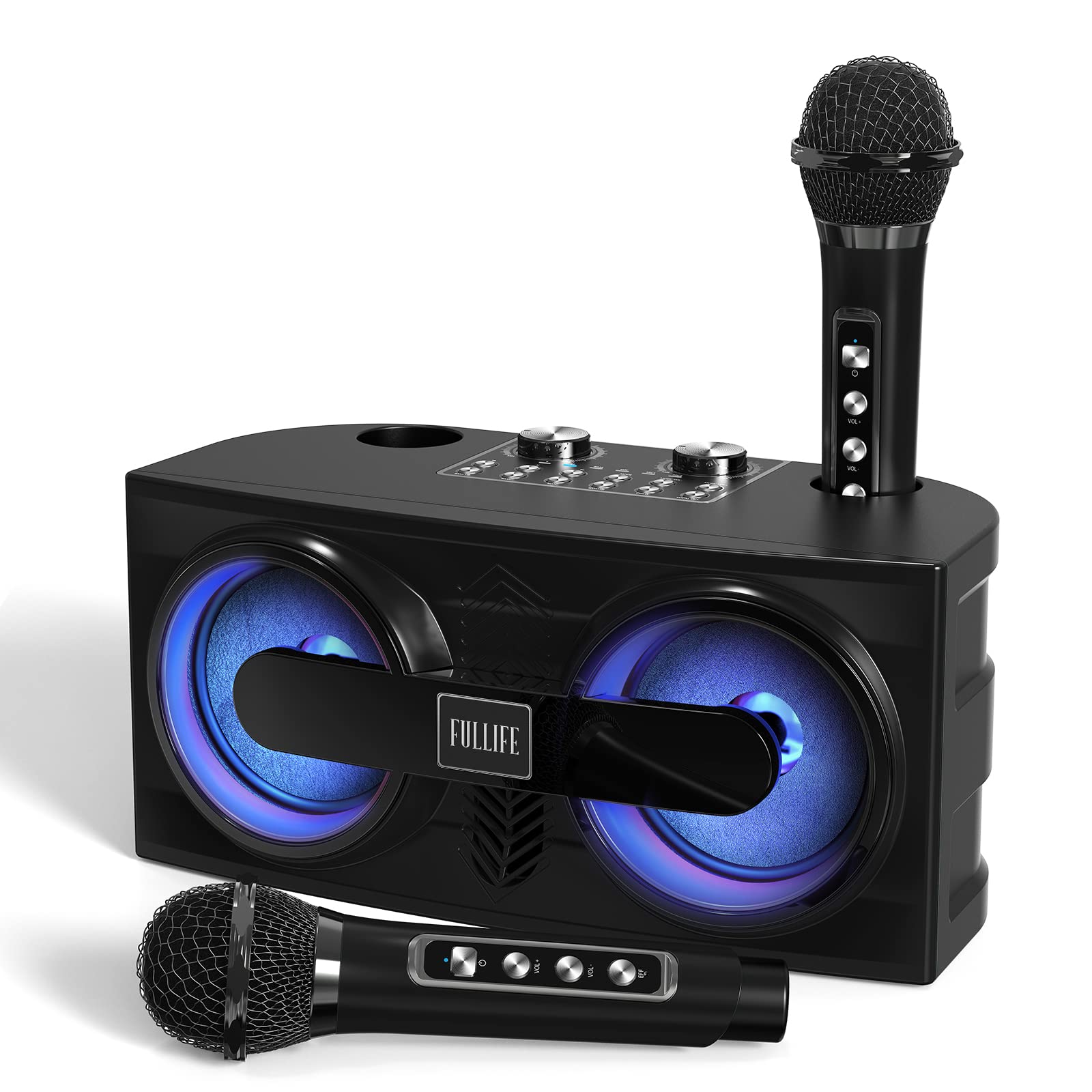 Karaoke Machine with 2 UHF Wireless Microphones for Adults/Kids, FULLIFE Portable Bluetooth PA Speaker System with Led Light/Echo/Bass Adjustment/Vocal Cut for Home Parties, Indoor/Outdoor